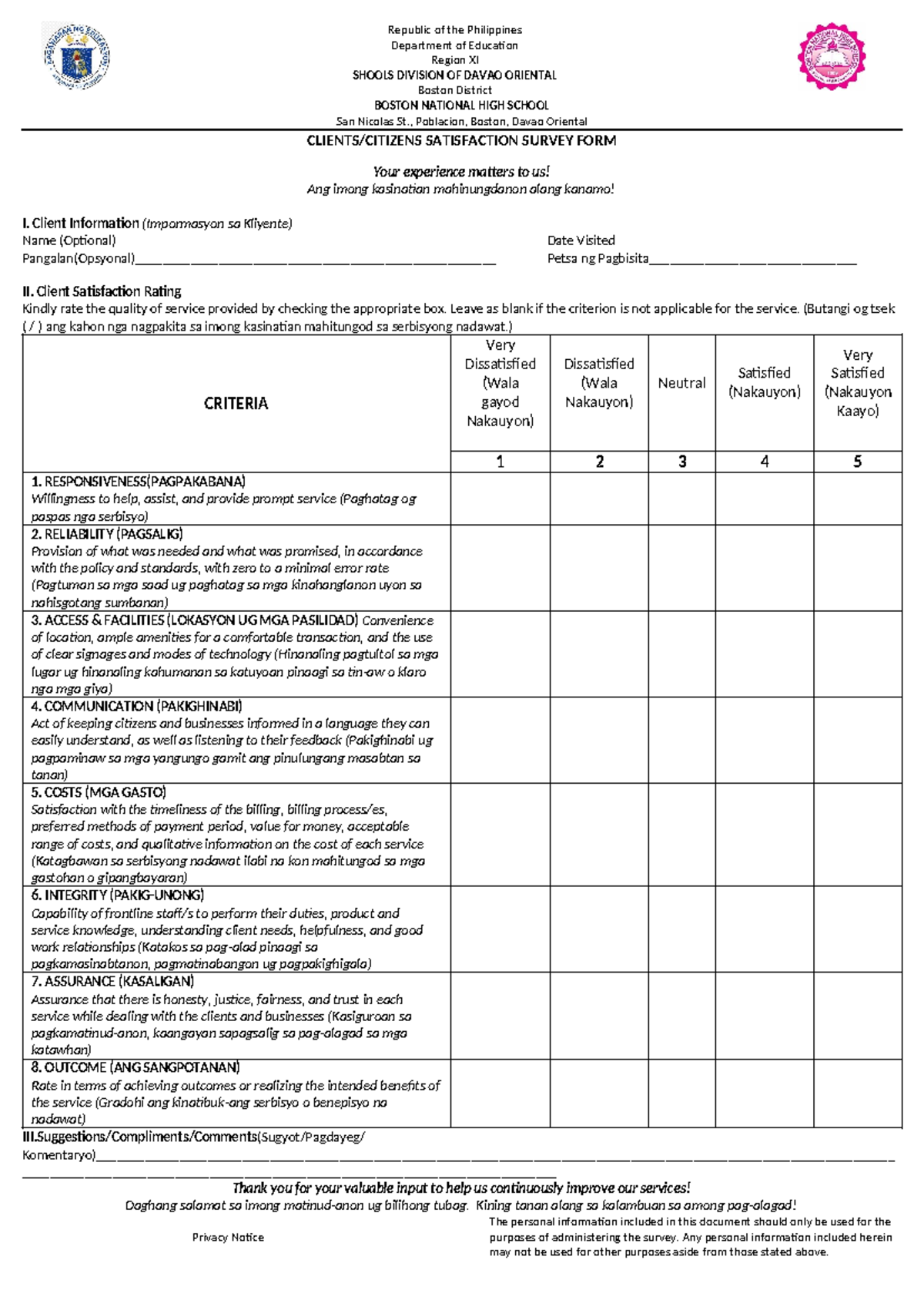 Citizen Satisfaction Survey FORM - Republic of the Philippines ...