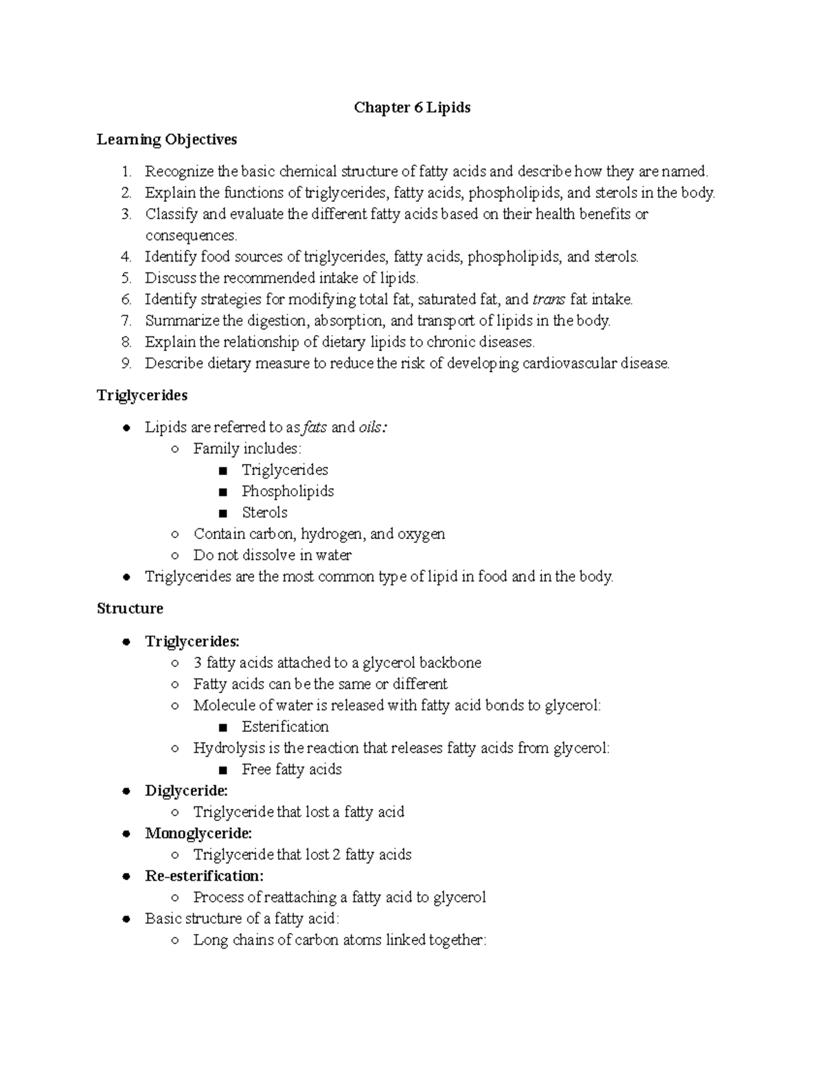 Chapter 6 PP Outline - Chapter 6 Lipids Learning Objectives Recognize ...