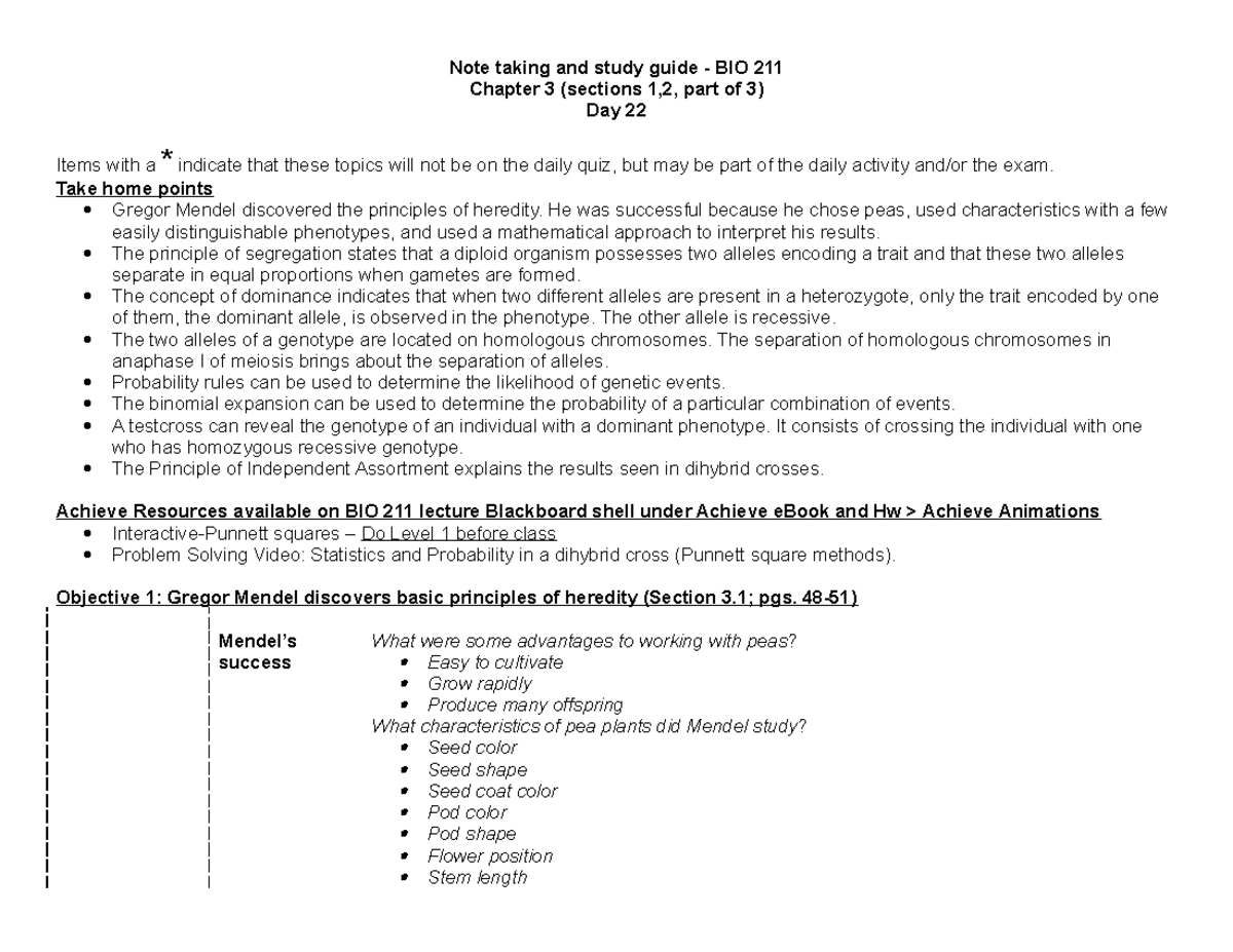 BIO 211-Day 22 Ch 3 Mendelian Inheritance I - Note taking and study ...