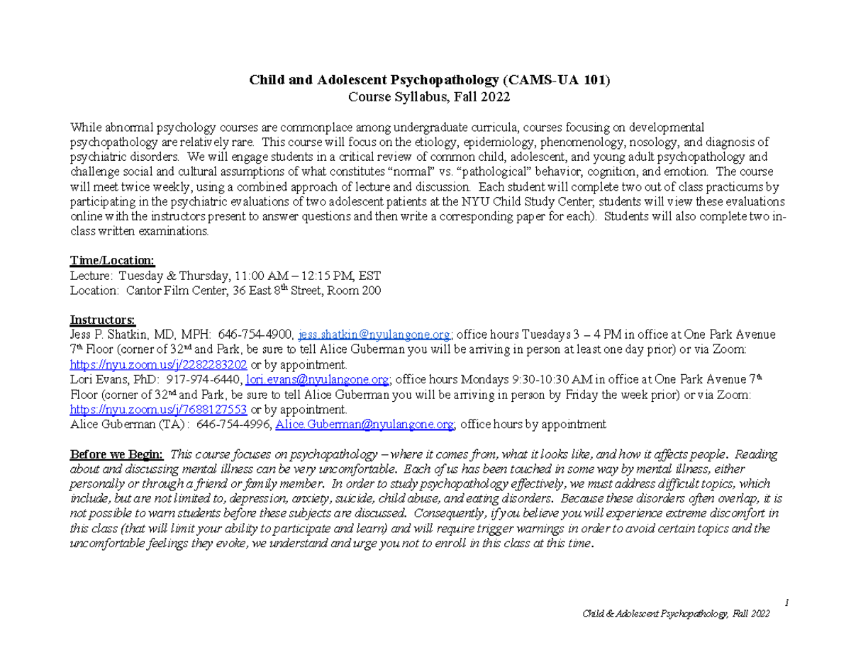 CAMS syllabus - 1 Child and Adolescent Psychopathology (CAMS-UA 101 ...