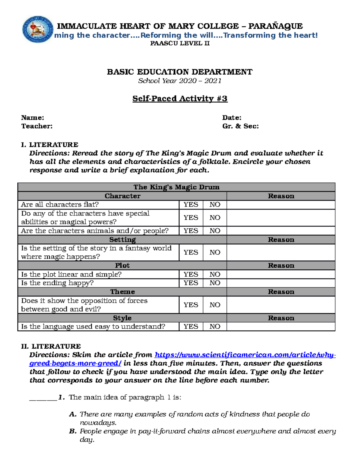 English for Grade 8 Self-Paced Activity 3 - IMMACULATE HEART OF MARY ...