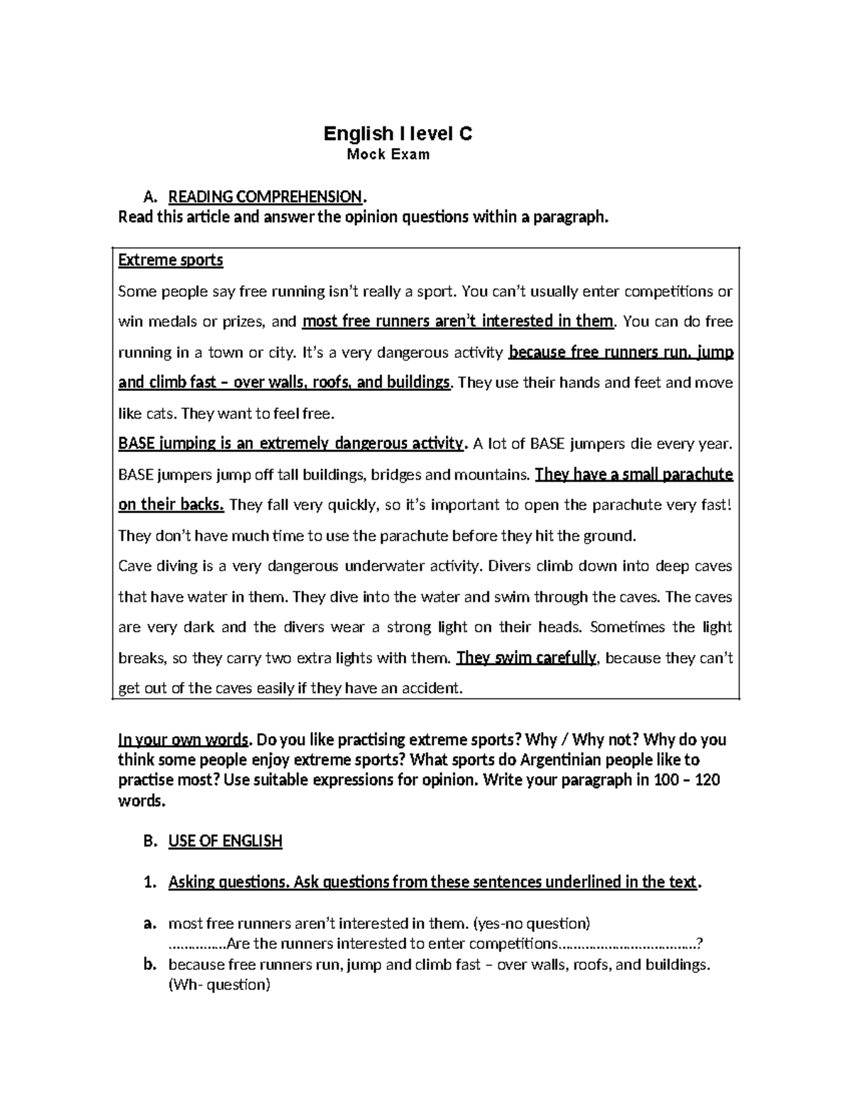 Mock Exam 1 C Mock Exam English I Level C Mock Exam A Reading Comprehension Read This