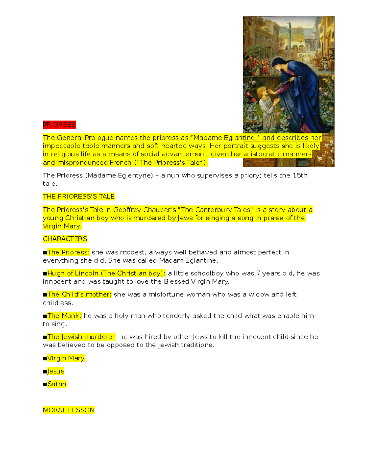 Prioress - PRIORESS The General Prologue names the prioress as “Madame ...