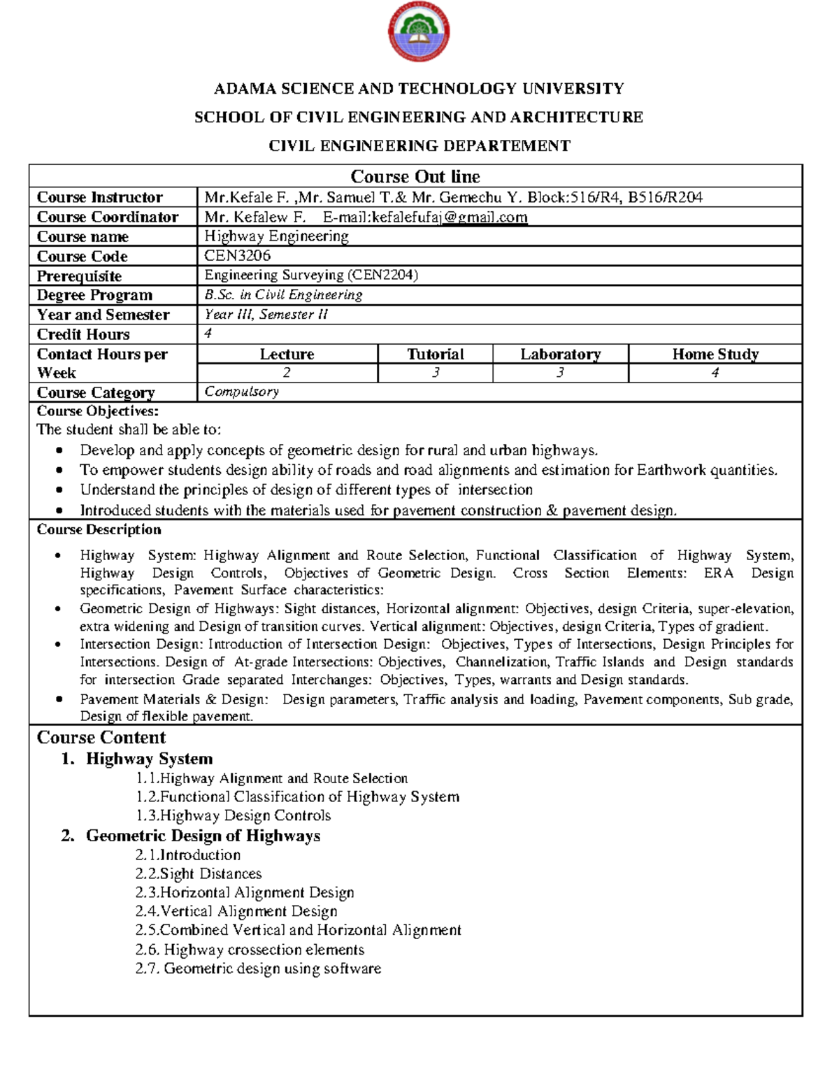 Last edited Highway Course outline docx - SCHOOL OF CIVIL ENGINEERING ...