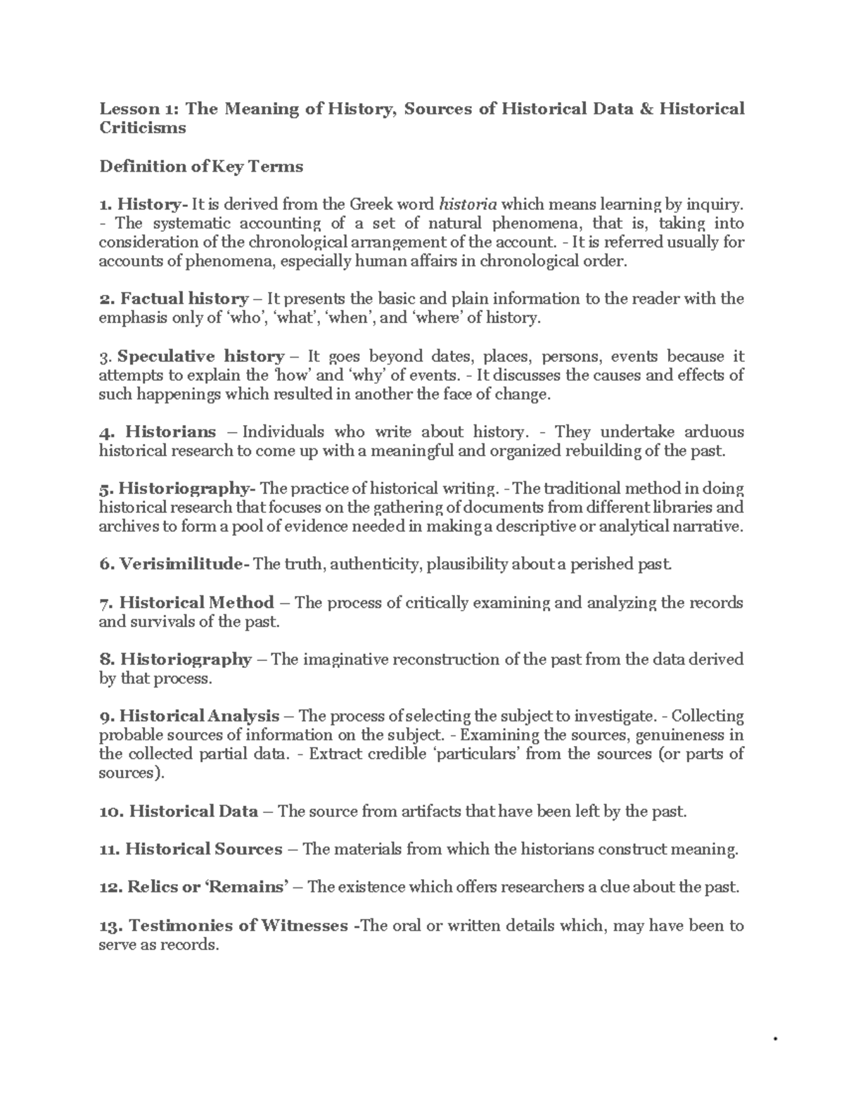 Lesson 1 The Meaning of History Sources of Historical Data Historical ...