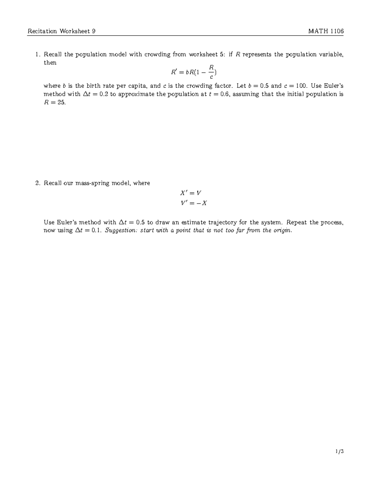 Recitation student class 9 - Recitation Worksheet 9 MATH 1106 Recall ...