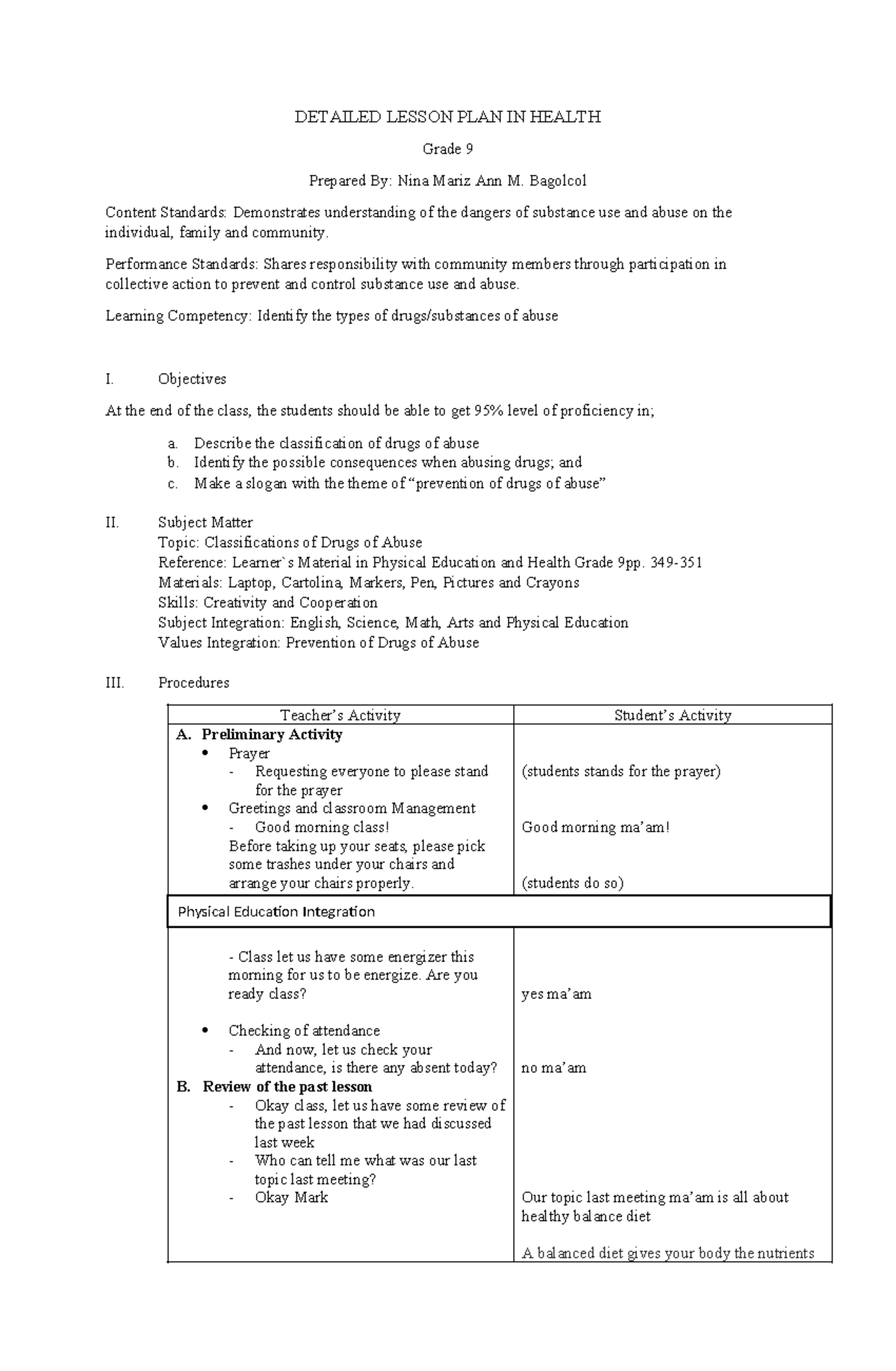 Detailed Lesson Plan in Health for demo - DETAILED LESSON PLAN IN ...