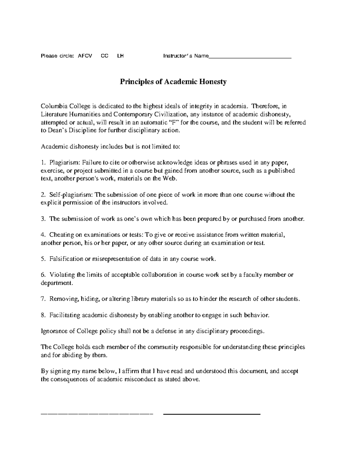 Academic Honesty Form - Please circle: AFCV CC LH Instructor’s Name