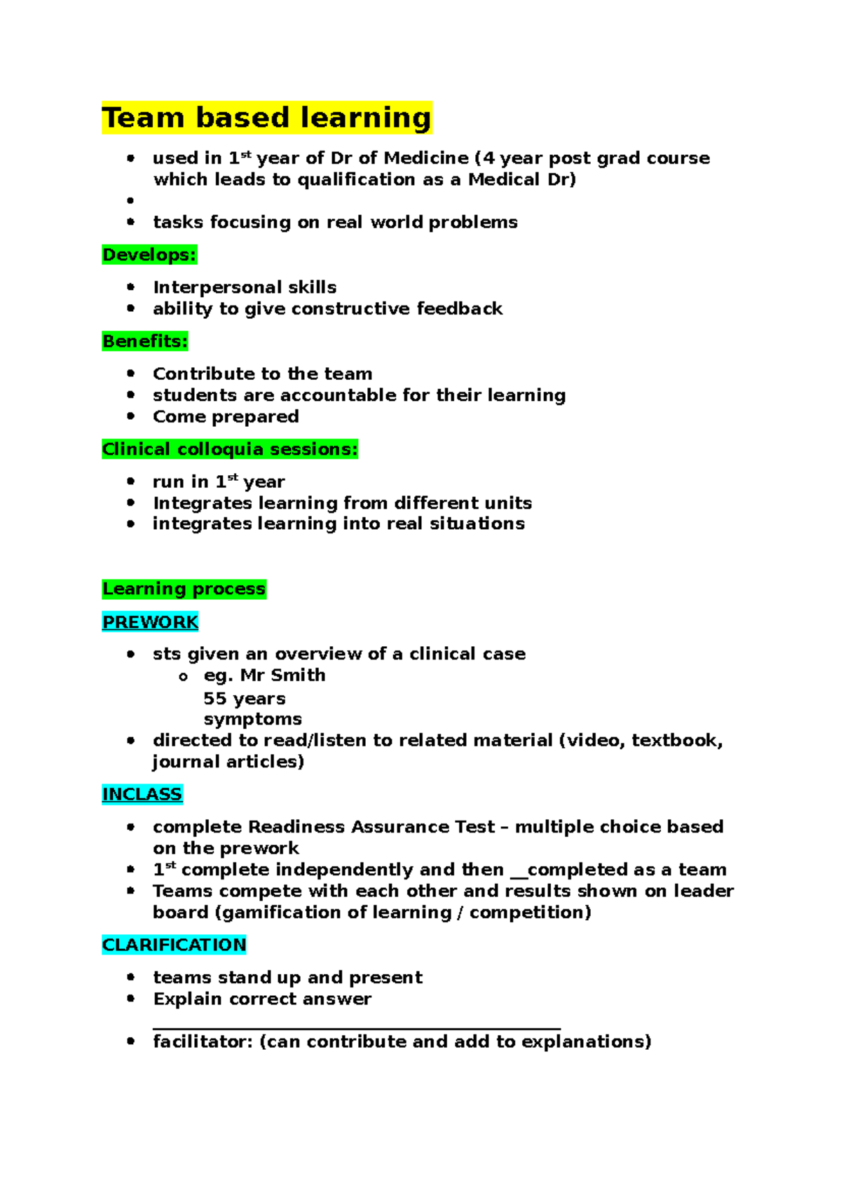 Sample notes de9 - Team based learning used in 1st year of Dr of ...