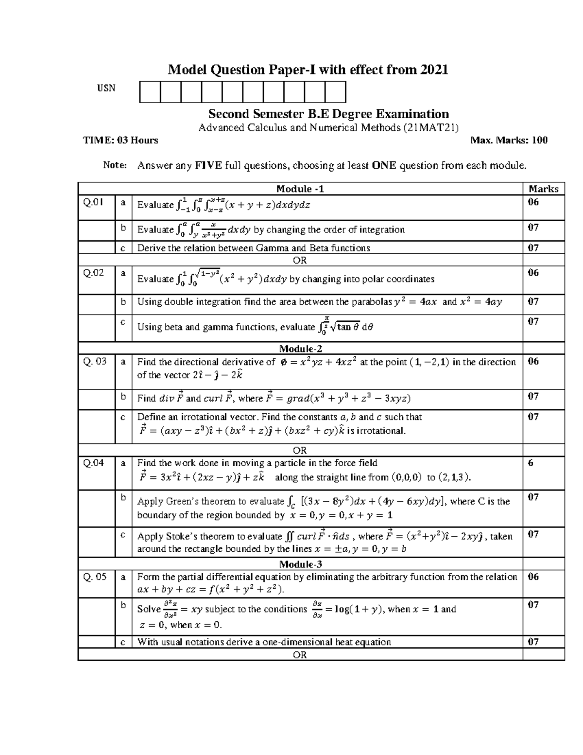 21MAT21set1 - Model Question Paper-I with effect from 2021 USN Second ...