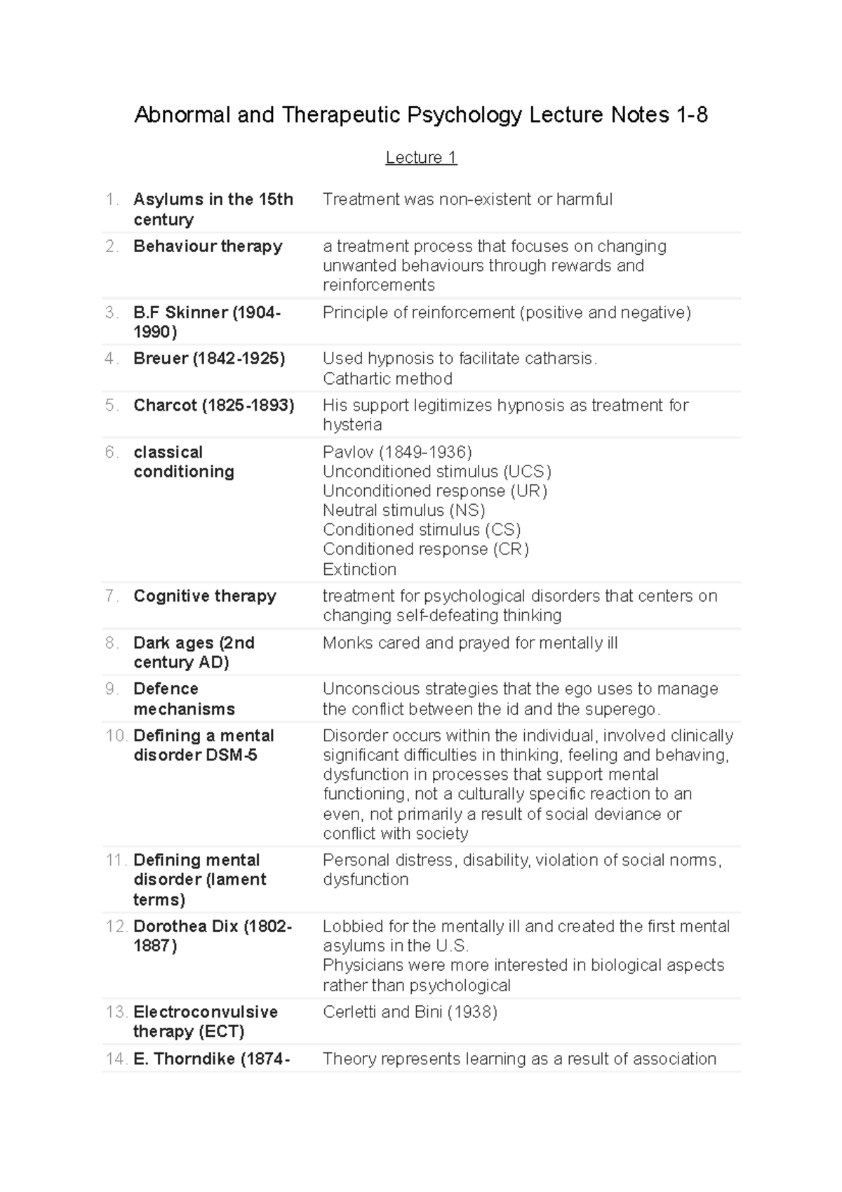 Abnormal and Therapeutic Psychology Lecture Notes 1-8 - Cathartic ...
