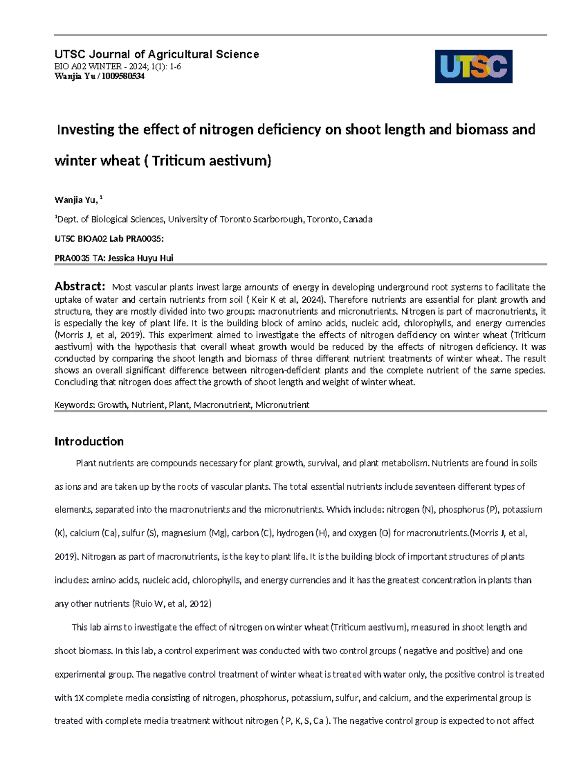 BIOA02 FLR Winter 2024 - UTSC Journal of Agricultural Science BIO A02 ...