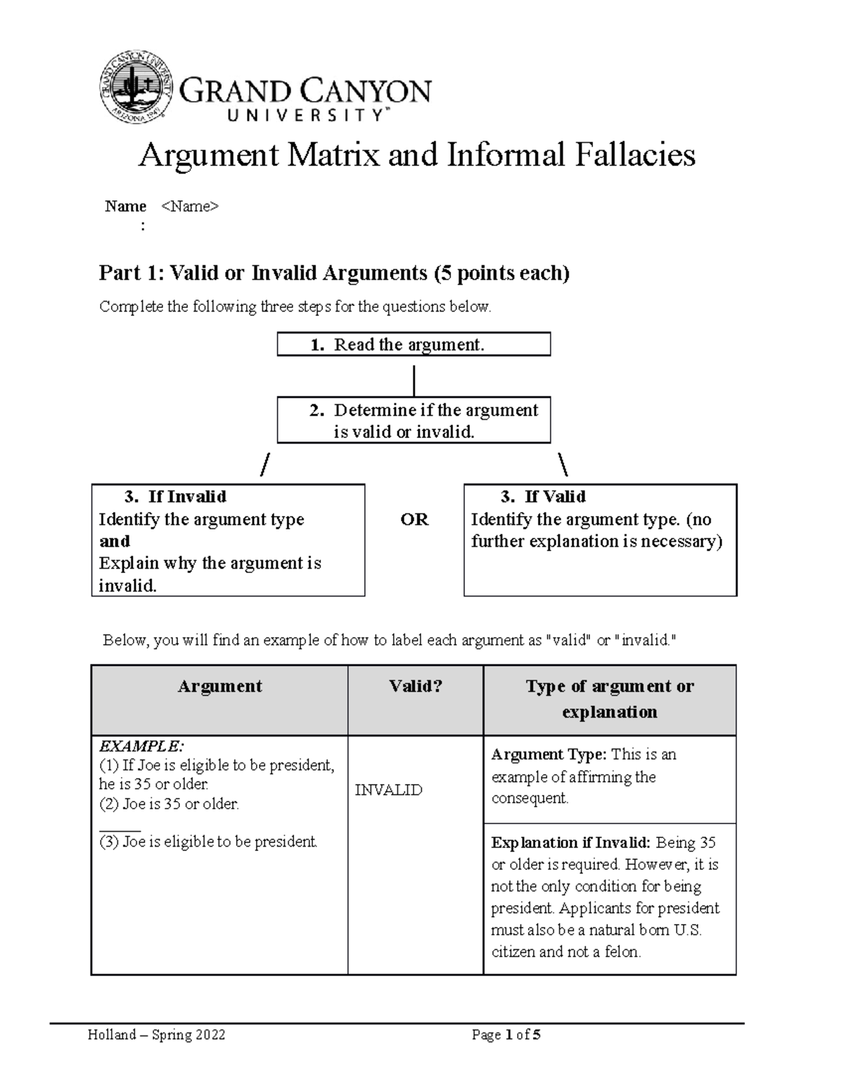 Argument Matrix Worksheet - Argument Matrix and Informal Fallacies Name ...