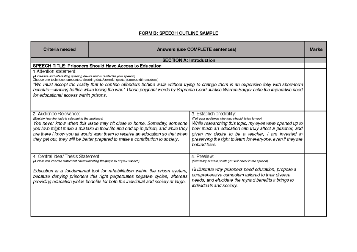 Form B - Speech Outline SEM2 20232024 Sample - FORM B: SPEECH OUTLINE ...