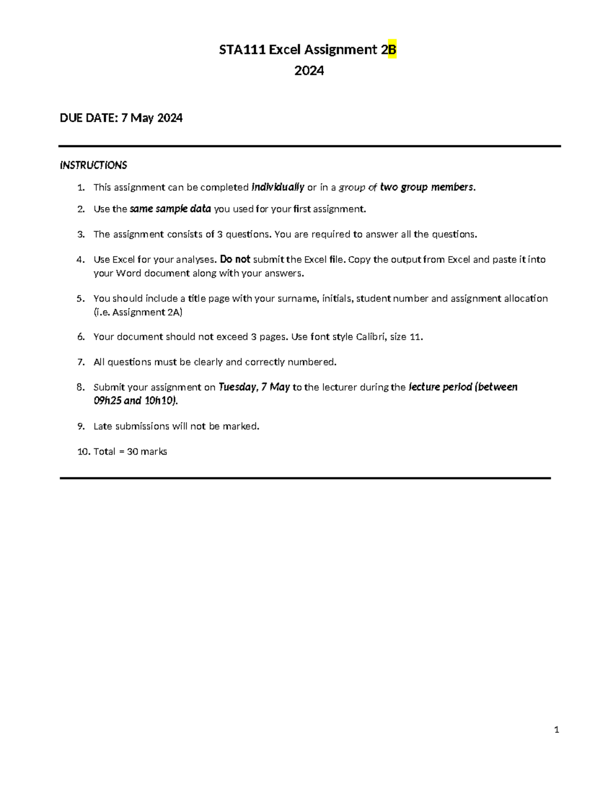 Practice assignment - 1 STA111 Excel Assignment 2 B 2024 DUE DATE: 7 May 2024 INSTRUCTIONS 1 ...