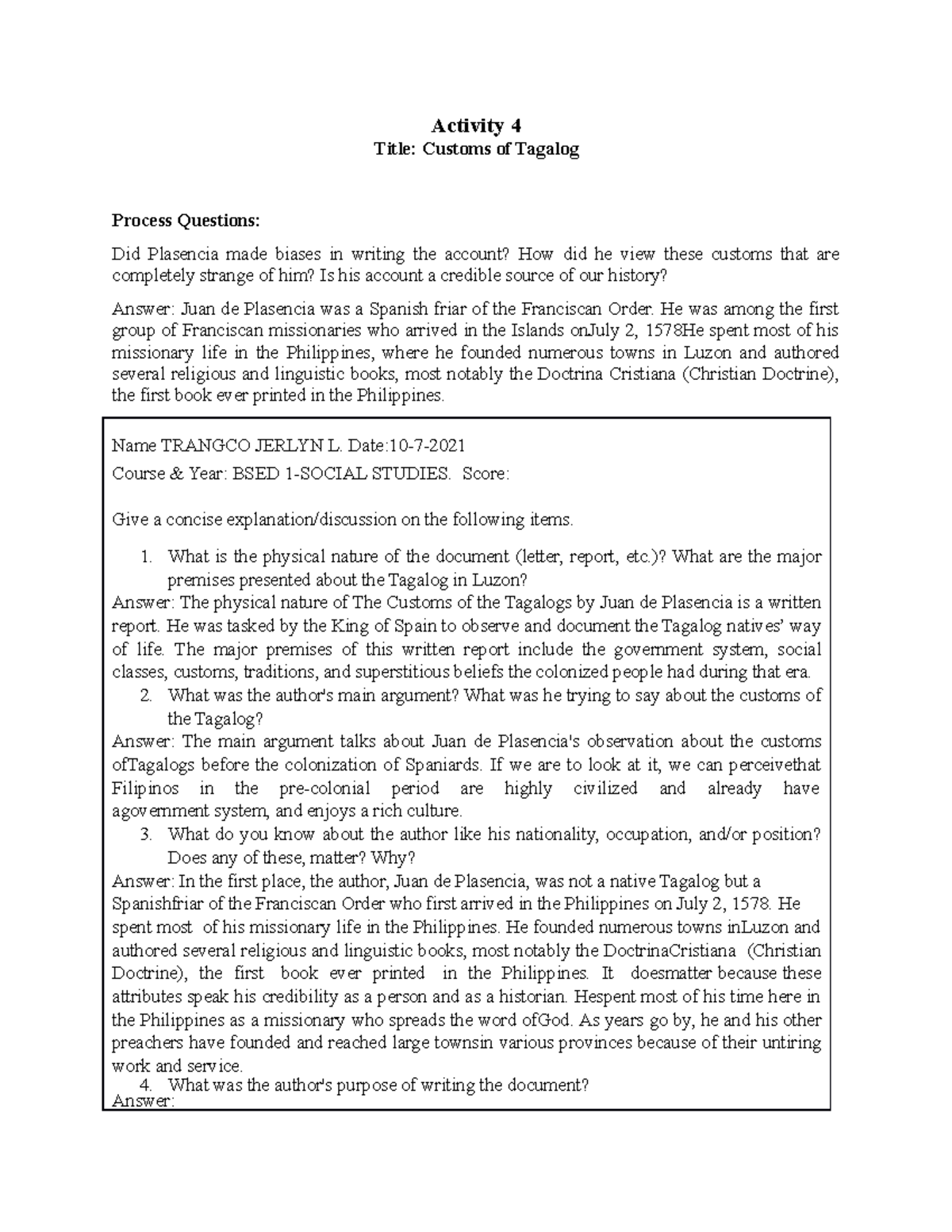 Dfgh - summary - Activity 4 Title: Customs of Tagalog Process Questions ...