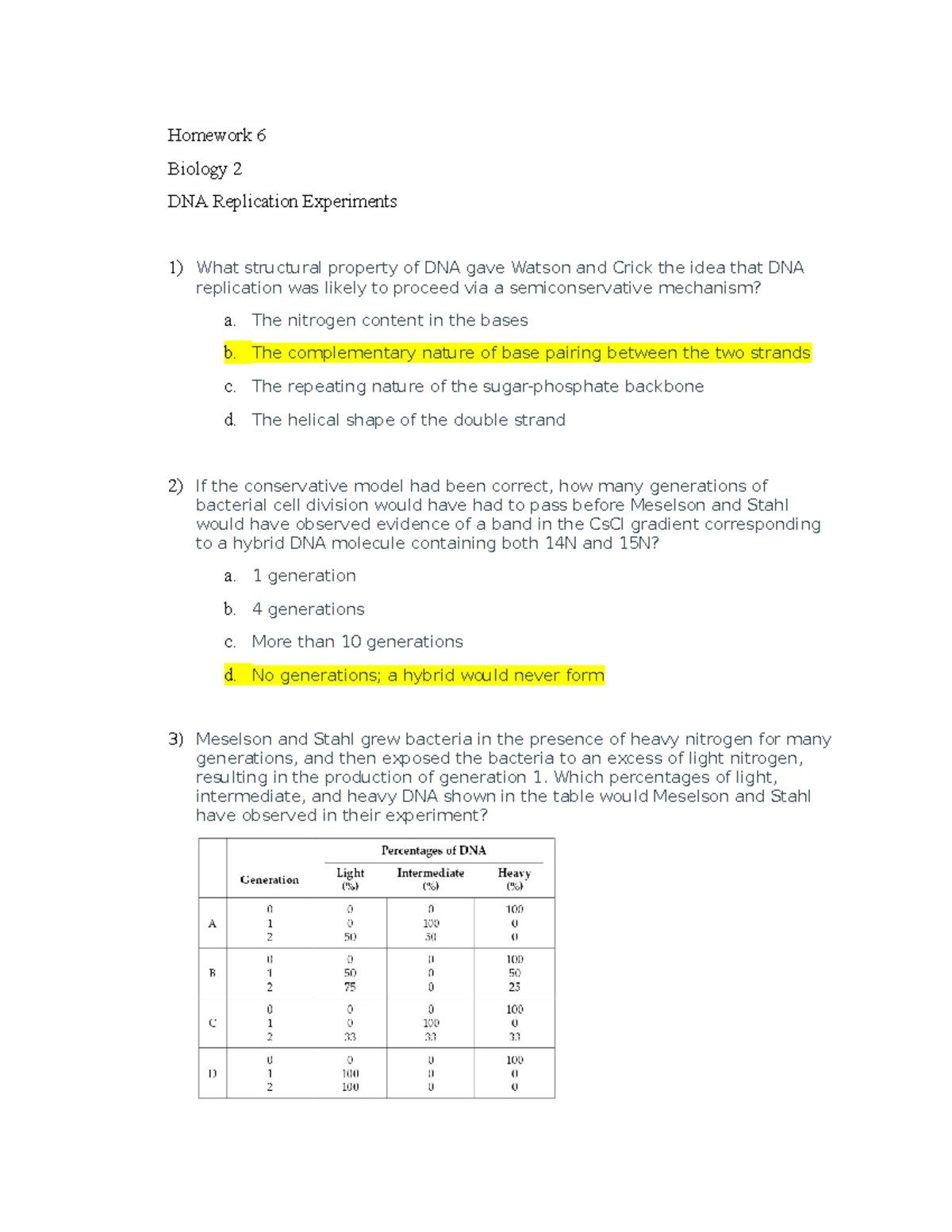 HW6 DNA REplication Experiments Answer key - Homework 6 Biology 2 DNA ...
