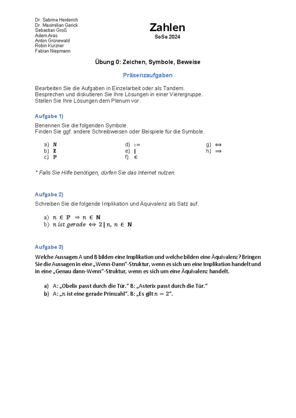 Übung 0 - Sose 2024 - Dr. Sabrina Heiderich Dr. Maximilian Gerick ...