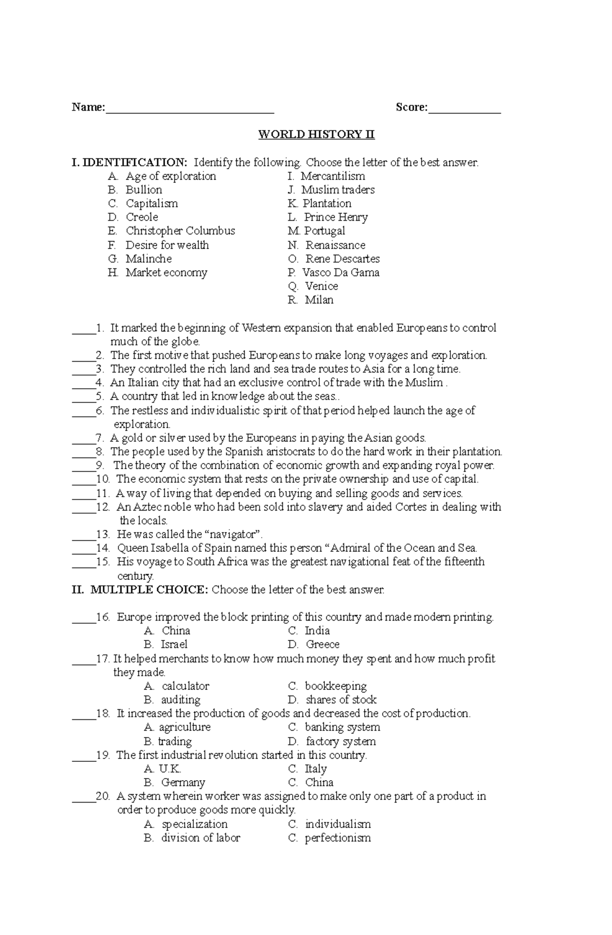 Exercises World History 2 - Name:____________________________ Score ...