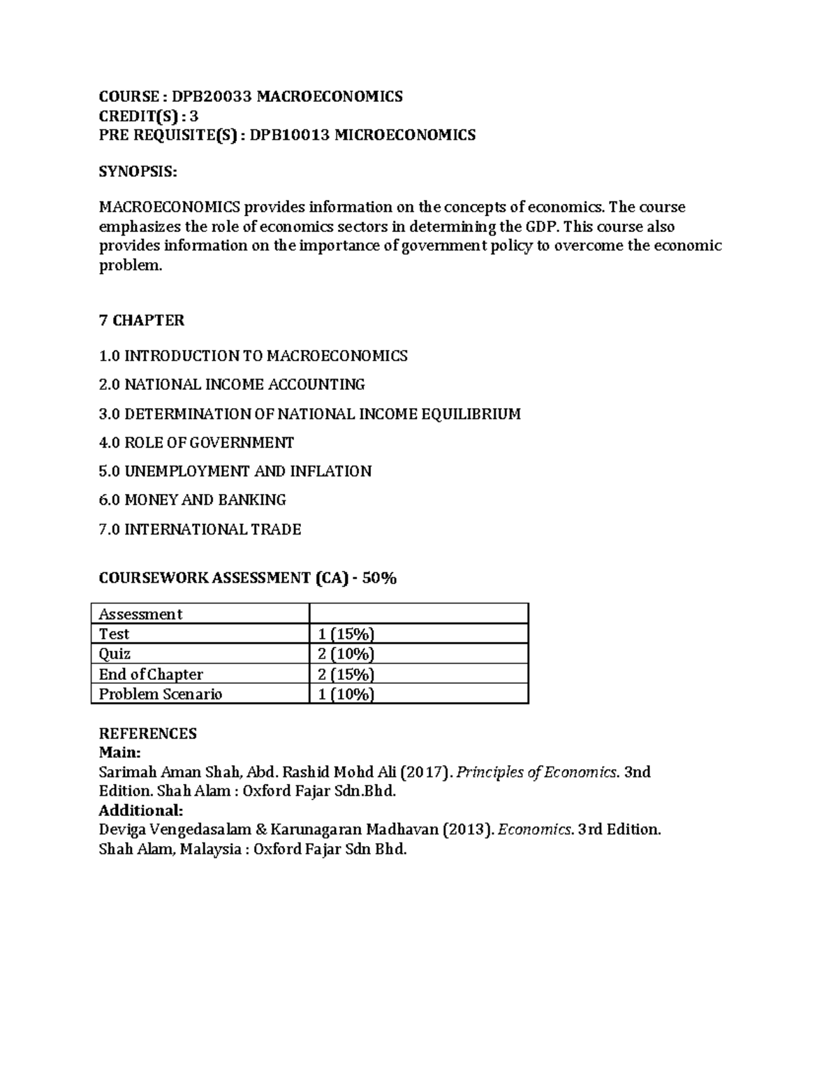 DPB2003 3 Macro Course Outline - COURSE : DPB20033 MACROECONOMICS ...