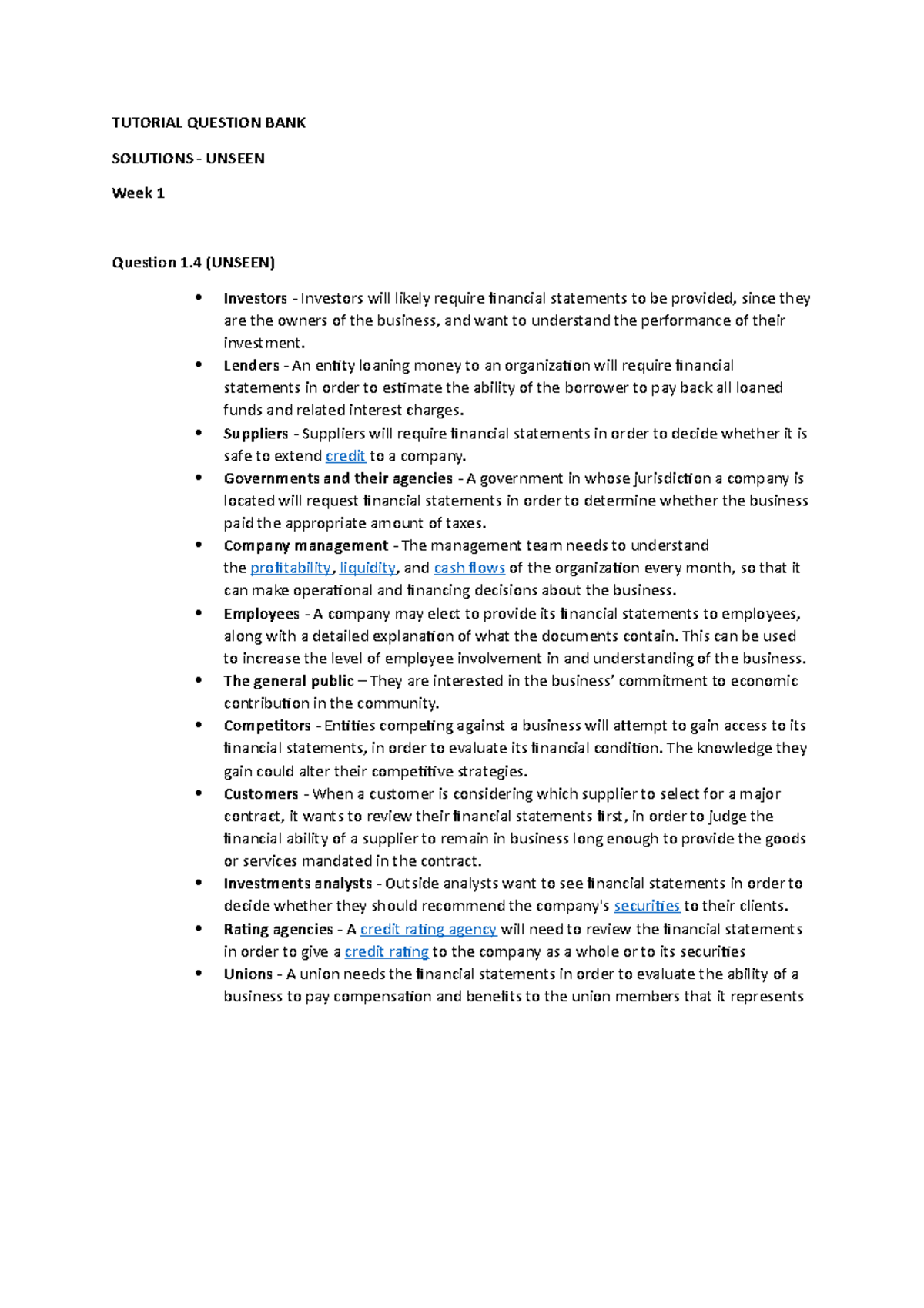 Tutorial Solution Unseen WEEK1 - TUTORIAL QUESTION BANK SOLUTIONS ...