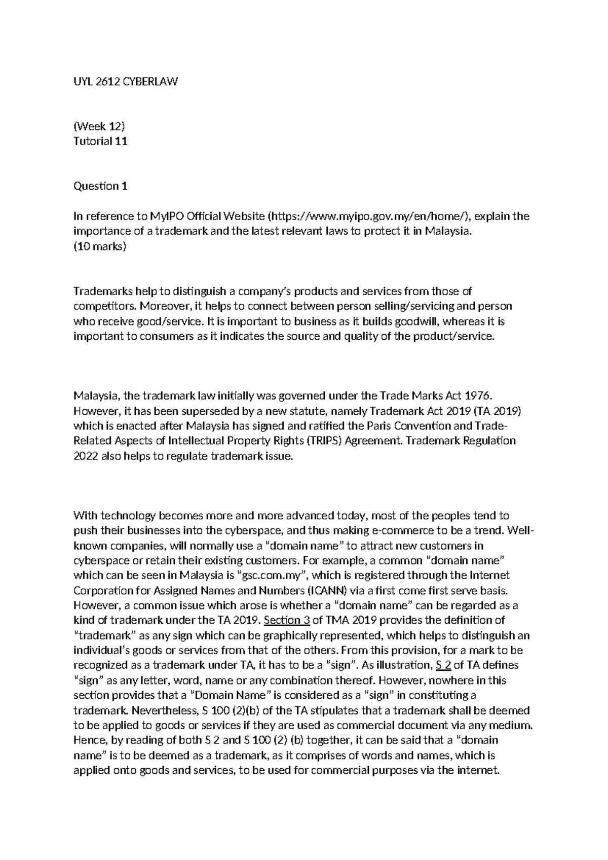 Cyber Tut 11 (IP on the internet) - UYL 2612 CYBERLAW (Week 12 ...