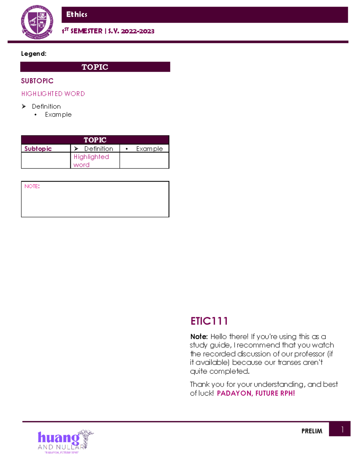 ETIC- Prelim- Lesson - 1 ST SEMESTER | S. 2022- Legend: TOPIC SUBTOPIC ...