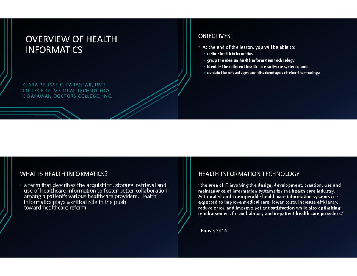Overview OF Health Informatics - OVERVIEW OF HEALTH INFORMATICS KLARA ...