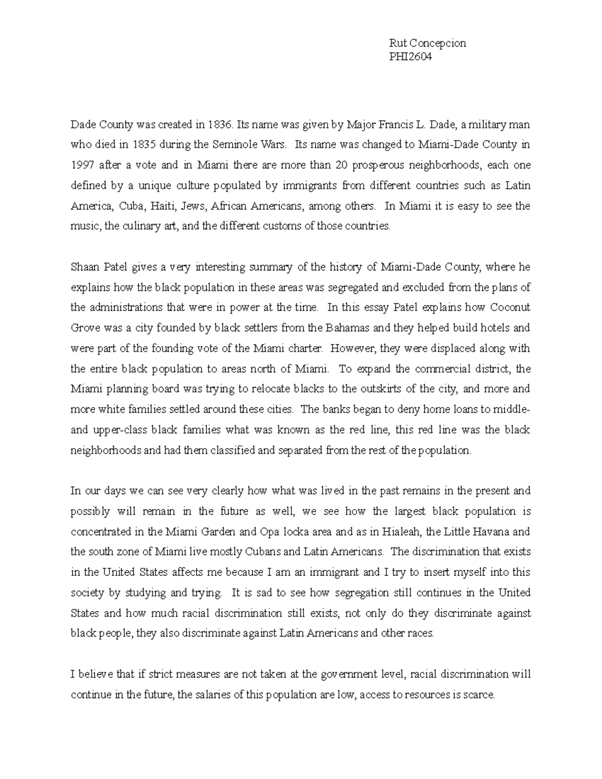 Redlining One Page Essay - Rut Concepcion PHI Dade County was created ...