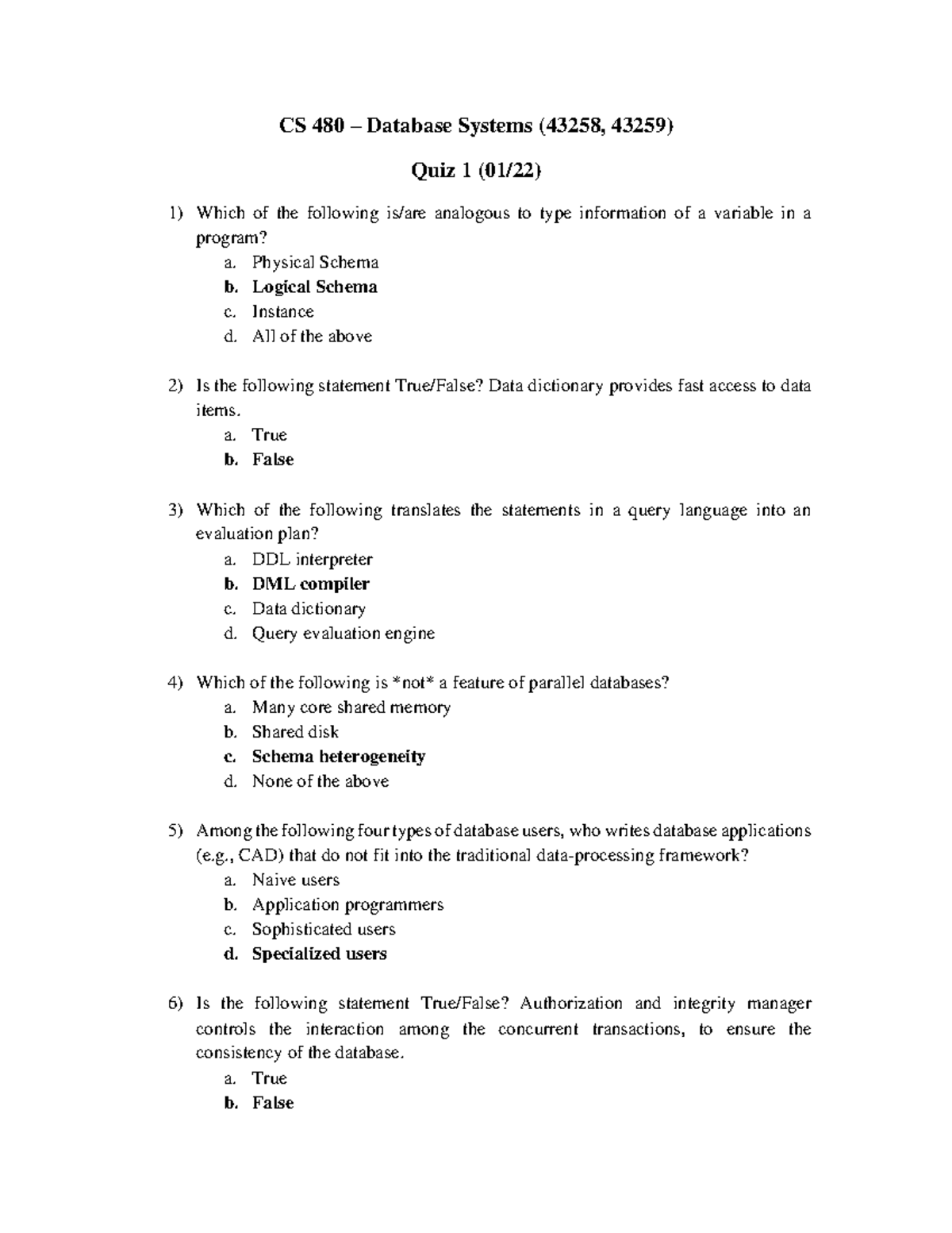 Quiz1 Solution - .... - CS 480 – Database Systems (43258, 43259) Quiz 1 ...