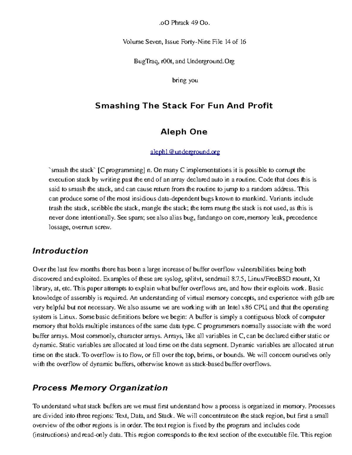 Stack smashing - Lecture notes 1 - .oO Phrack 49 Oo. Volume Seven ...