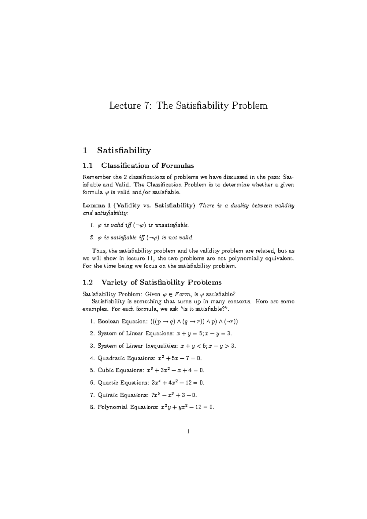 Lec7 - Lecture 7 (The Satisfiability Problem) - Lecture 7: The ...