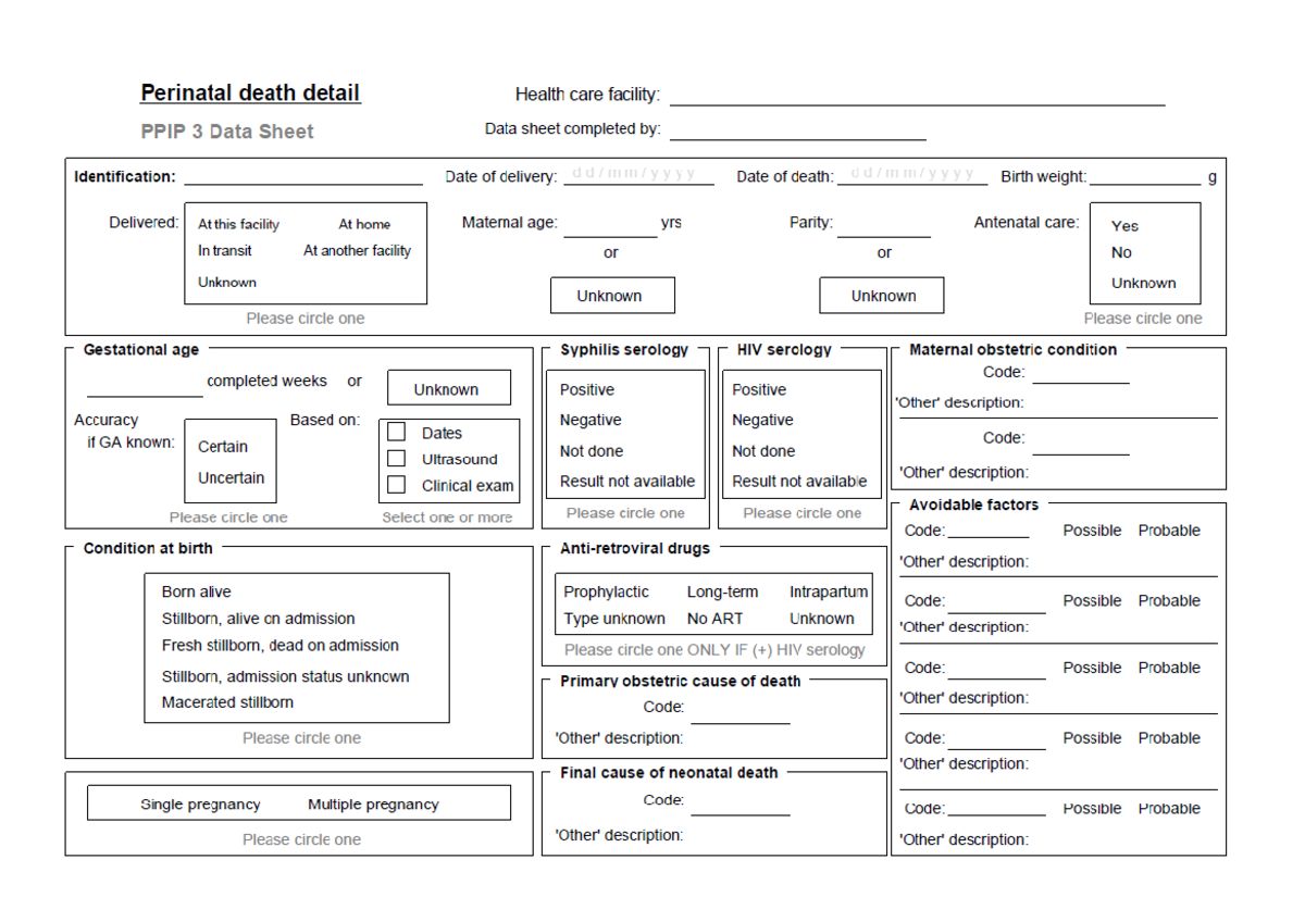 Ppip perinatal death data sheet - MNO2602 - Studocu
