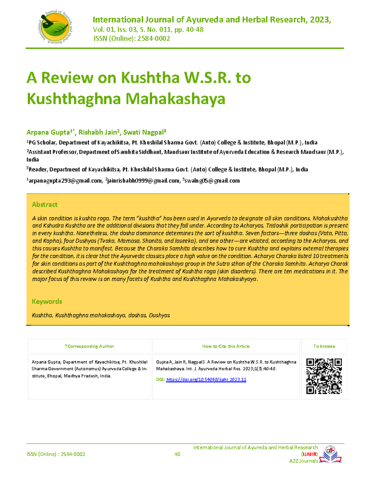 A Review on Kushtha WSR to Kushthaghna Mahakashaya - International ...
