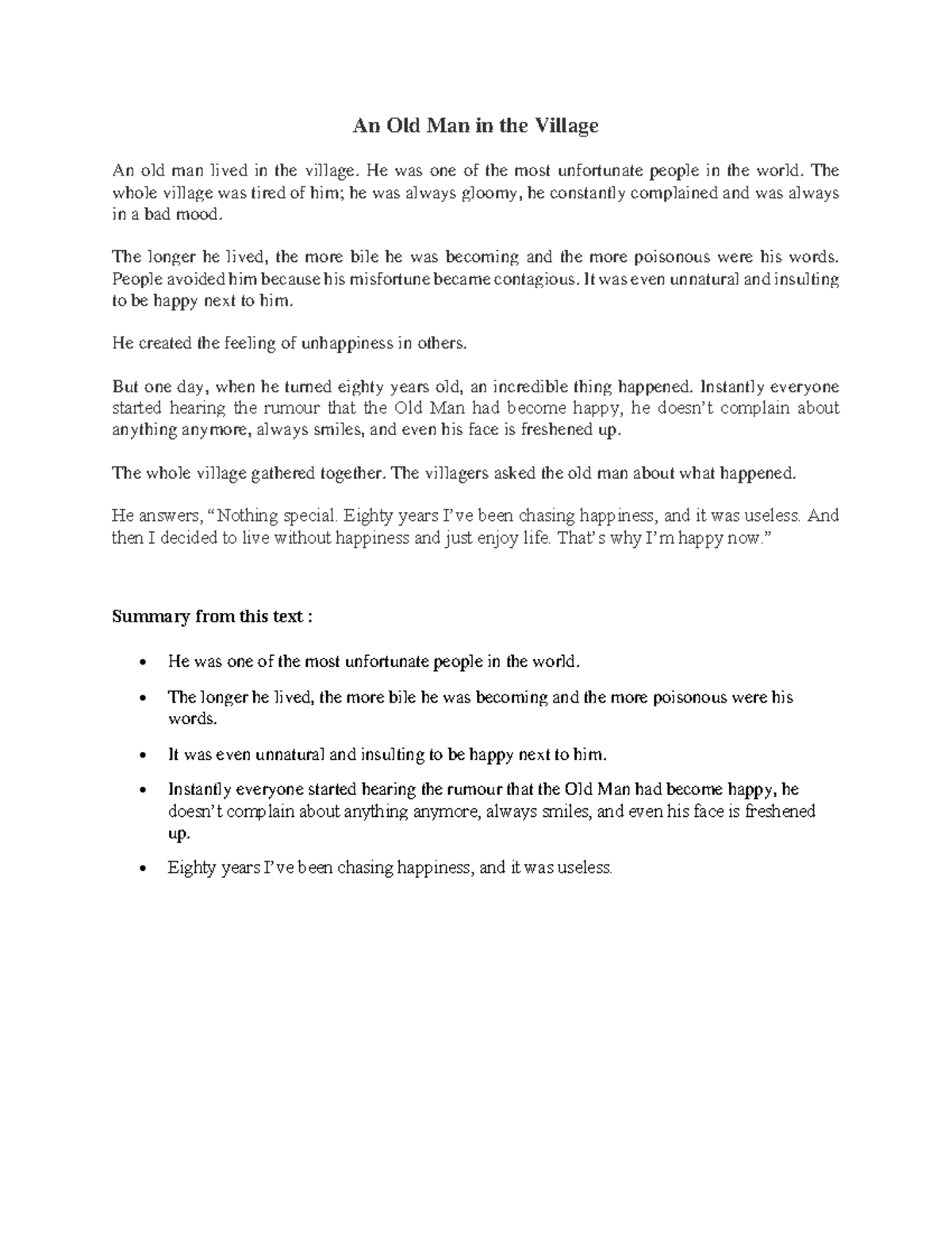 An Old man - Summary from articel - An Old Man in the Village An old ...