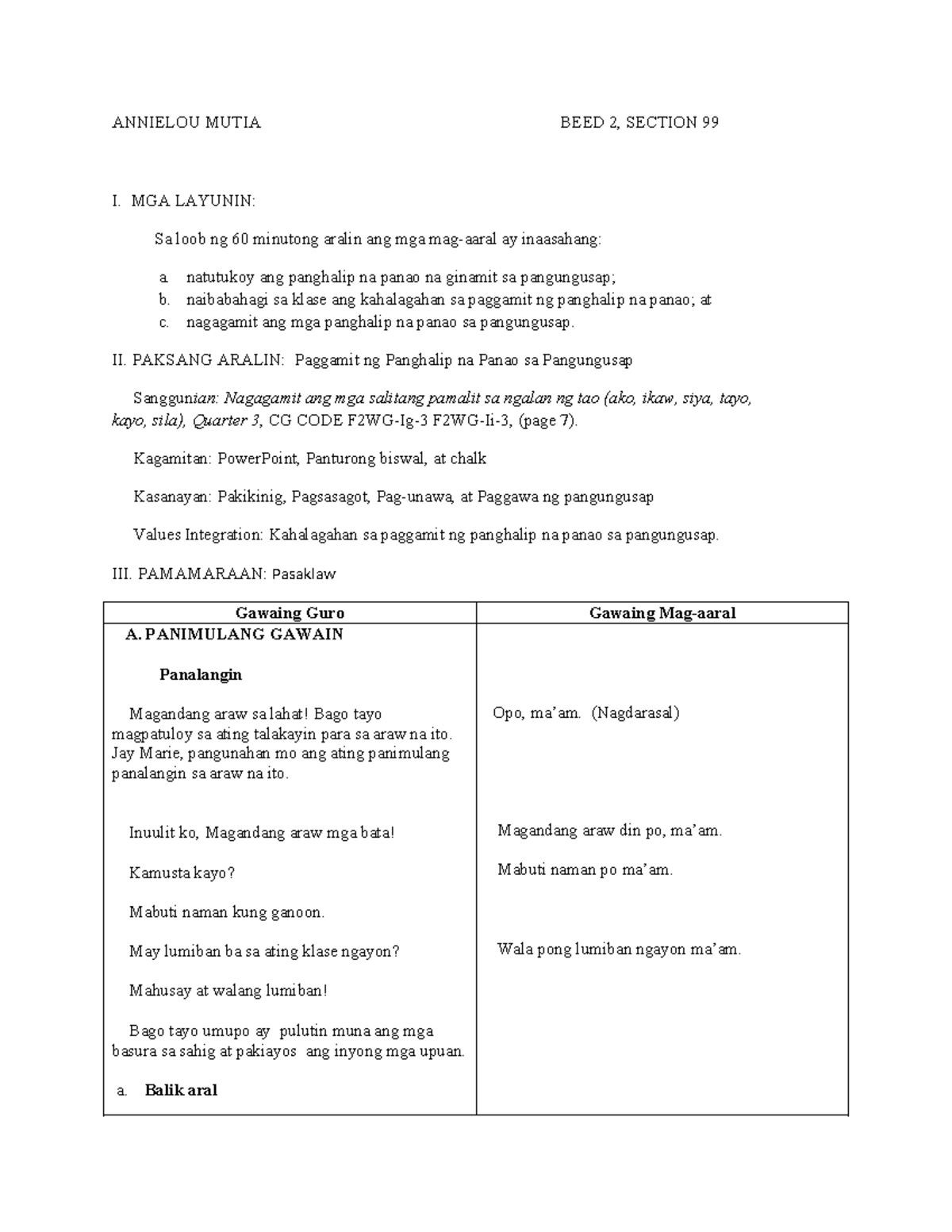 Iesson plan (Pfil) - Banghay Aralin sa Filipino - ANNIELOU MUTIA BEED 2 ...