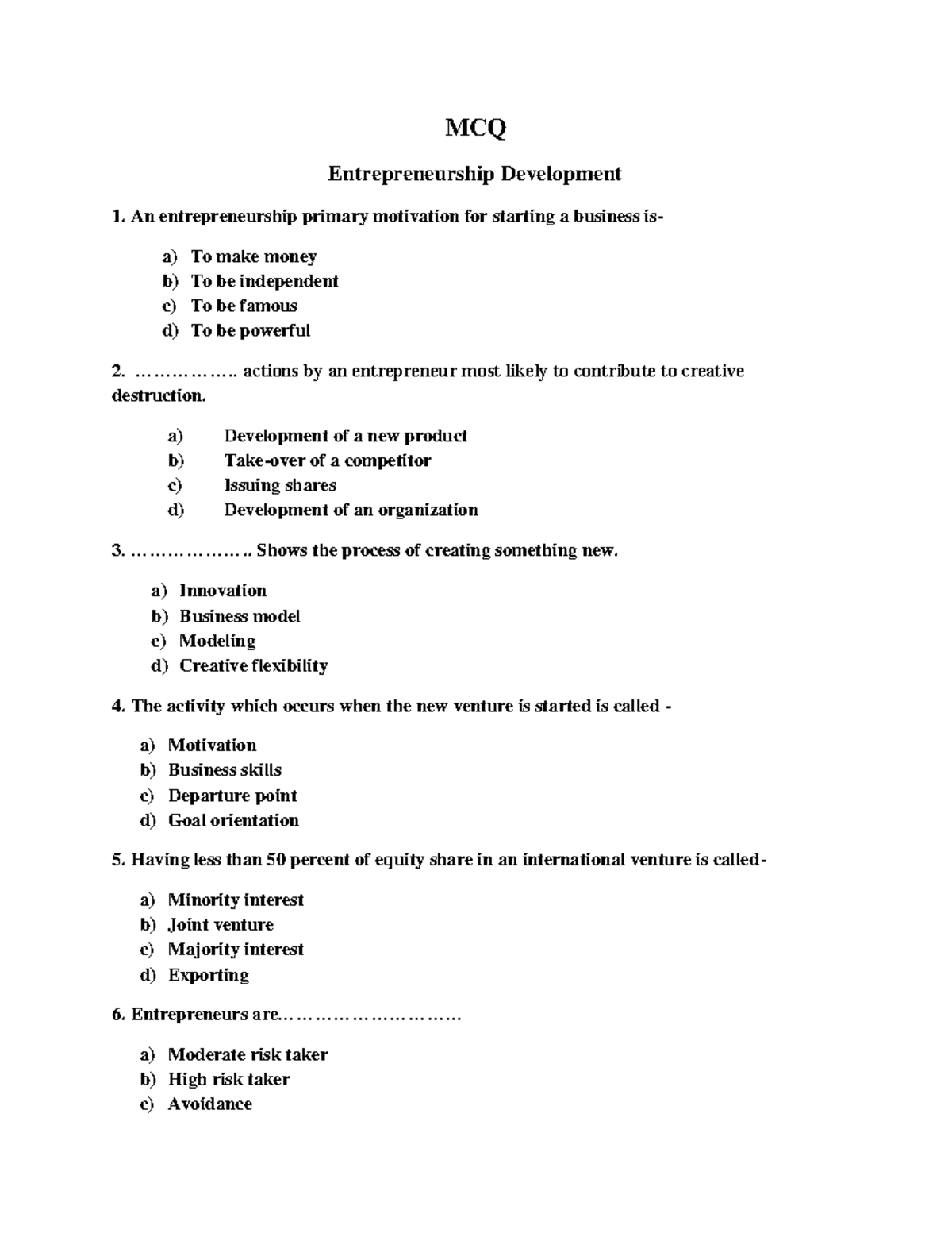 MCQ- BUAD 832 Entrepreneurship and small business development - MCQ ...