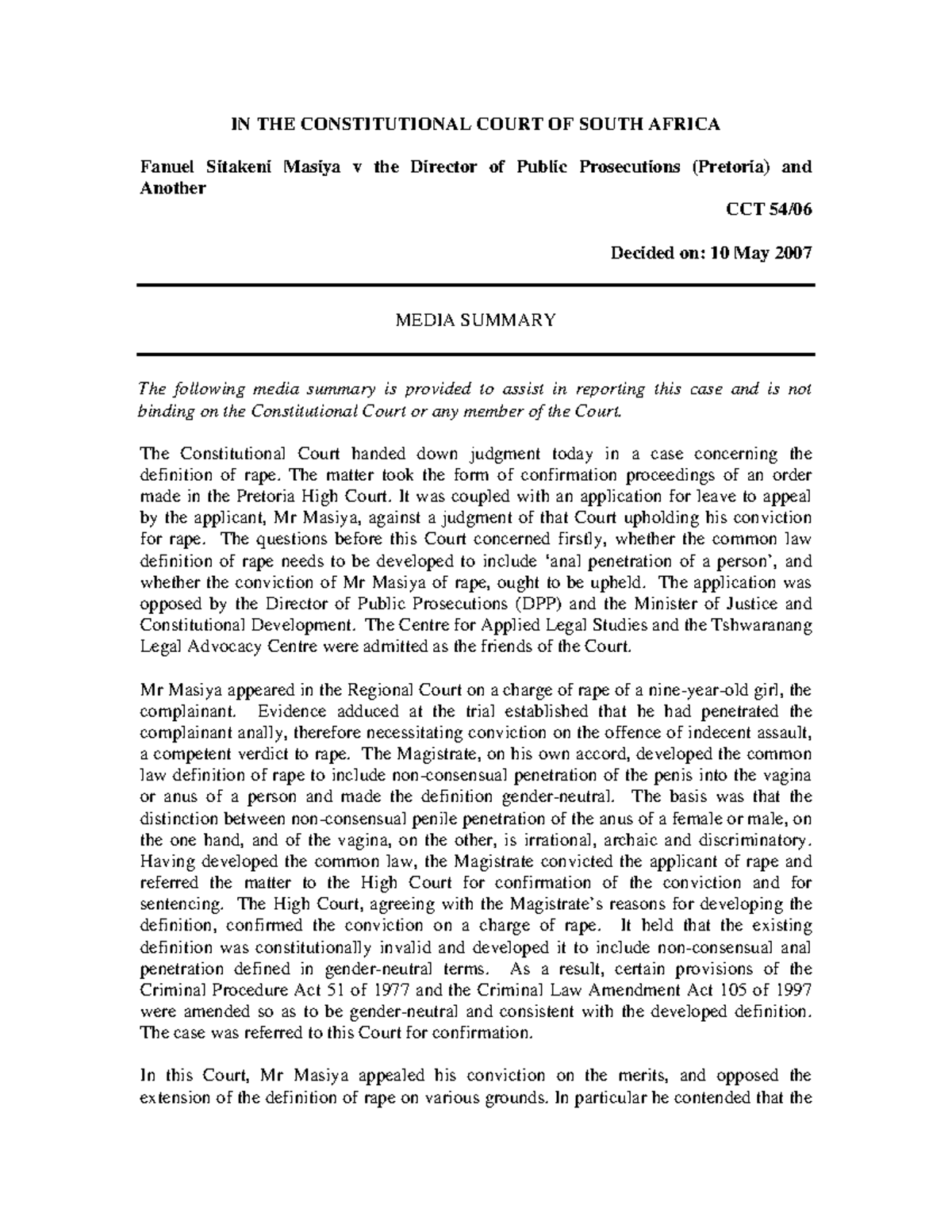 Summary of Masiya v Director Public Prosecutions 2007 (2) SACR 435 (CC ...