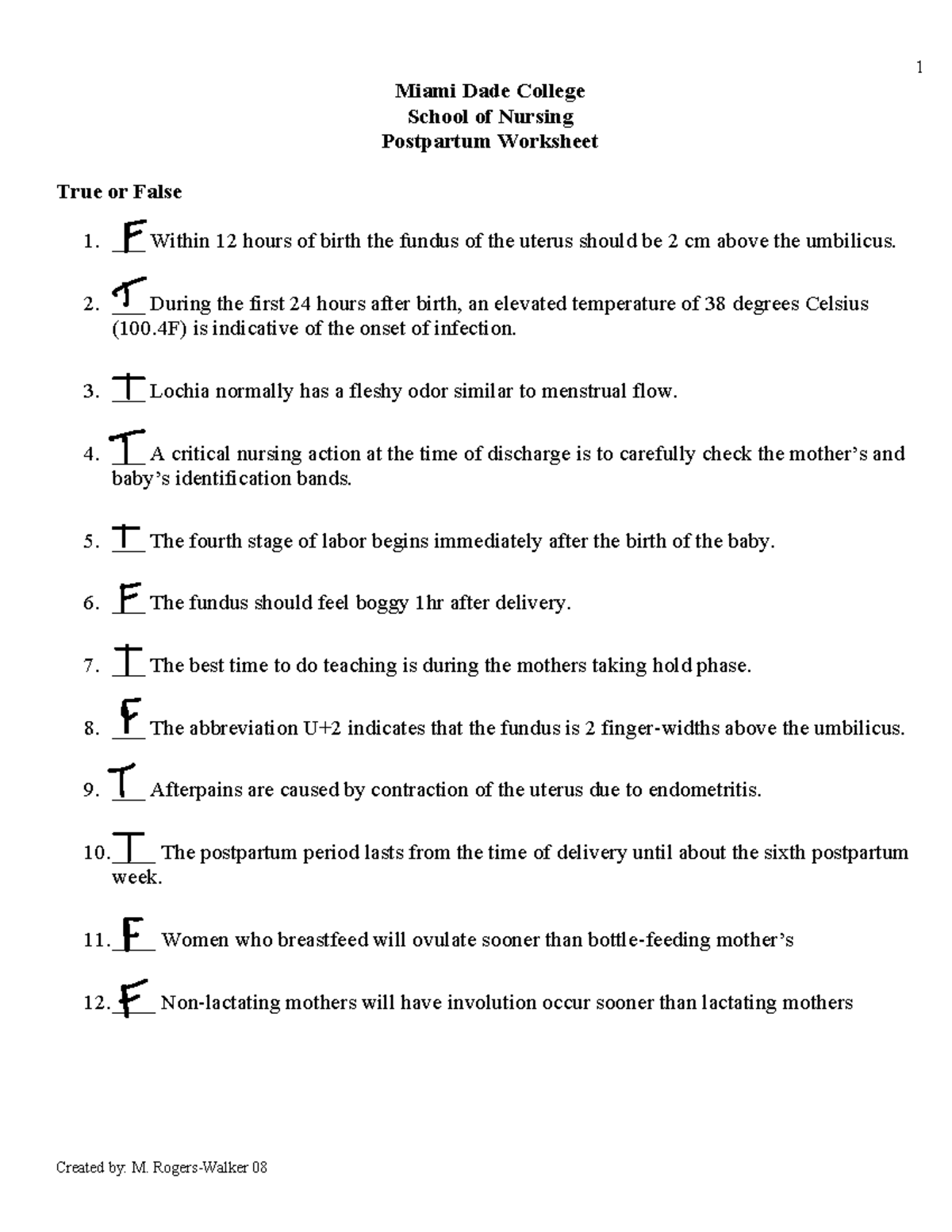 Postpartum Worksheet - Miami Dade College School of Nursing Postpartum ...