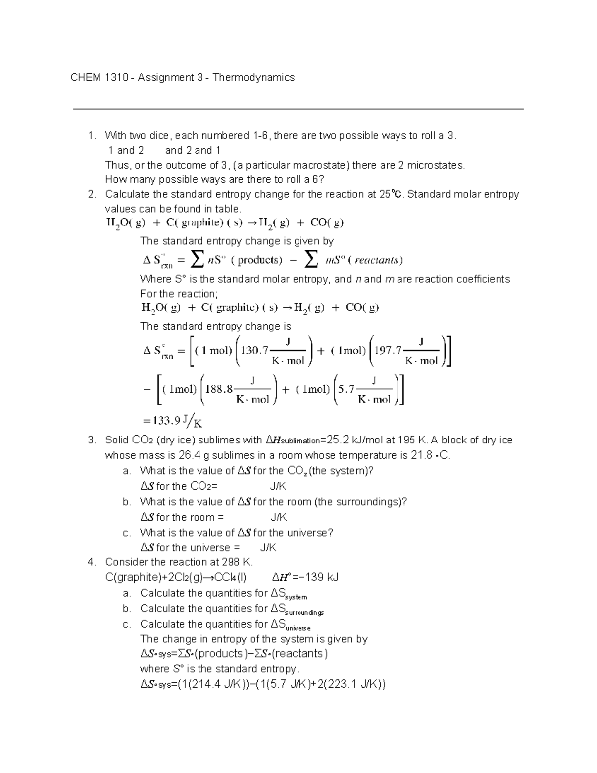 CHEM 1310 - A 3 - Thermodynamics - CHEM 1310 - Assignment 3 ...
