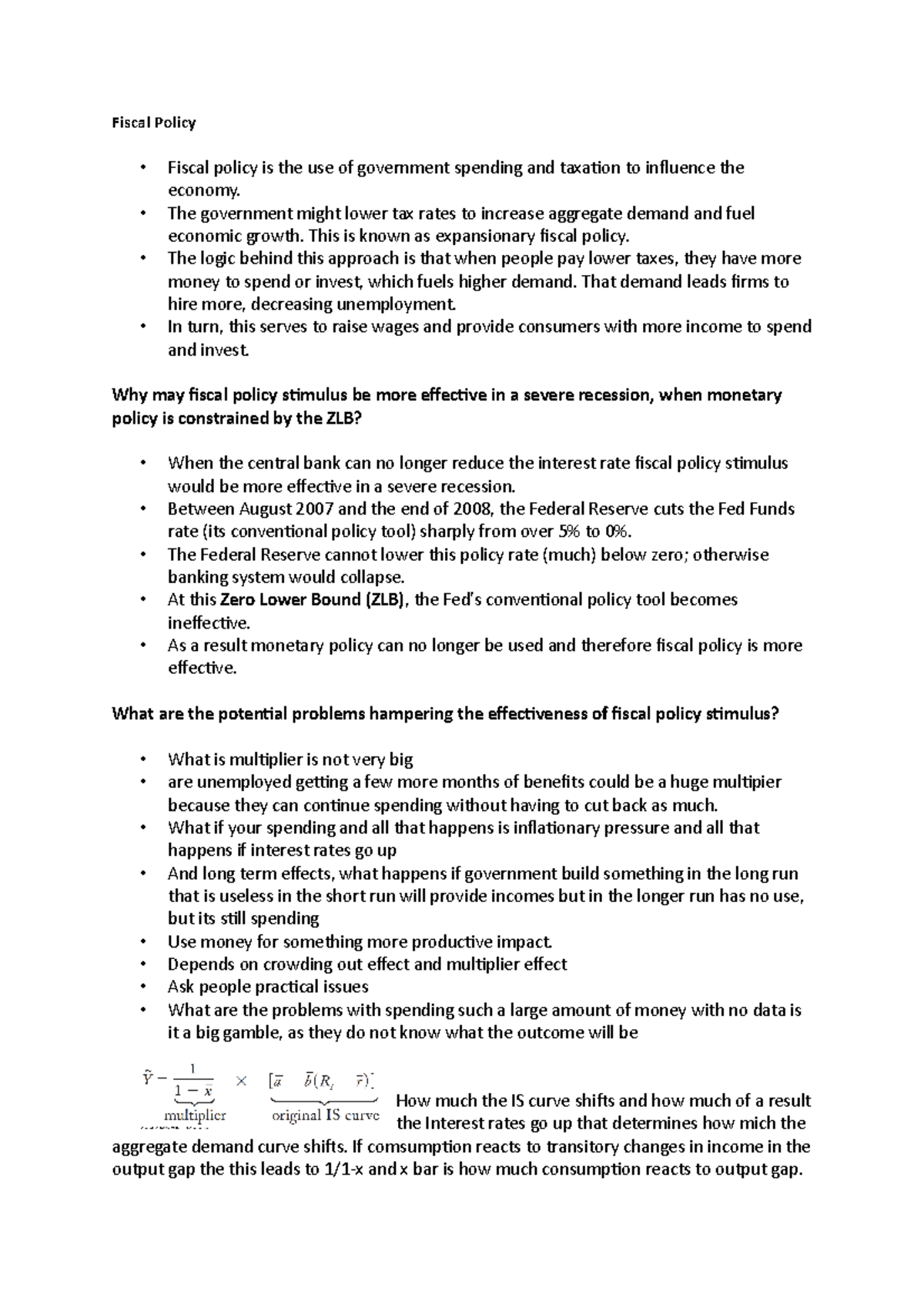 Econ script - lecture notes - Fiscal Policy Fiscal policy is the use of ...