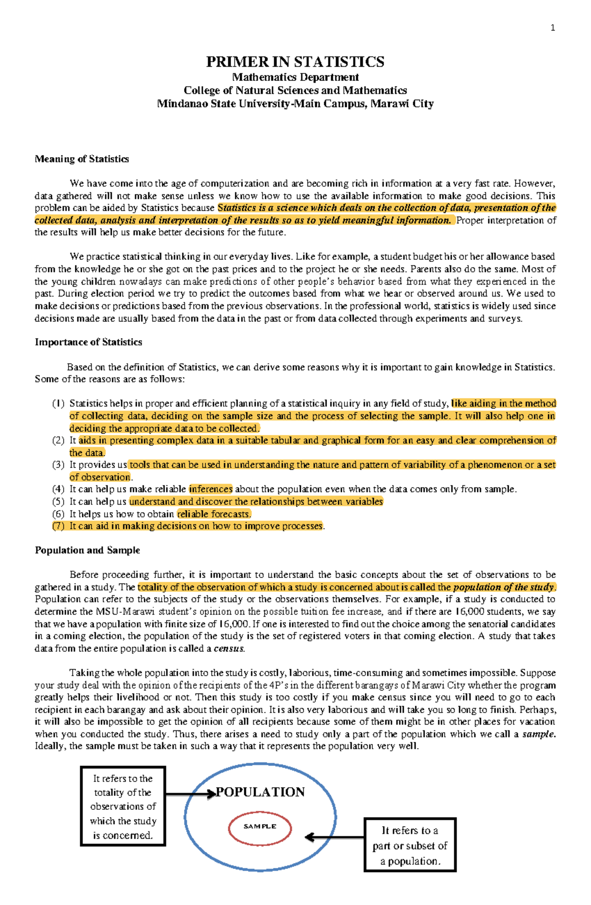 Primer in statistics descriptive statistics - POPULATION SAMPLE PRIMER ...