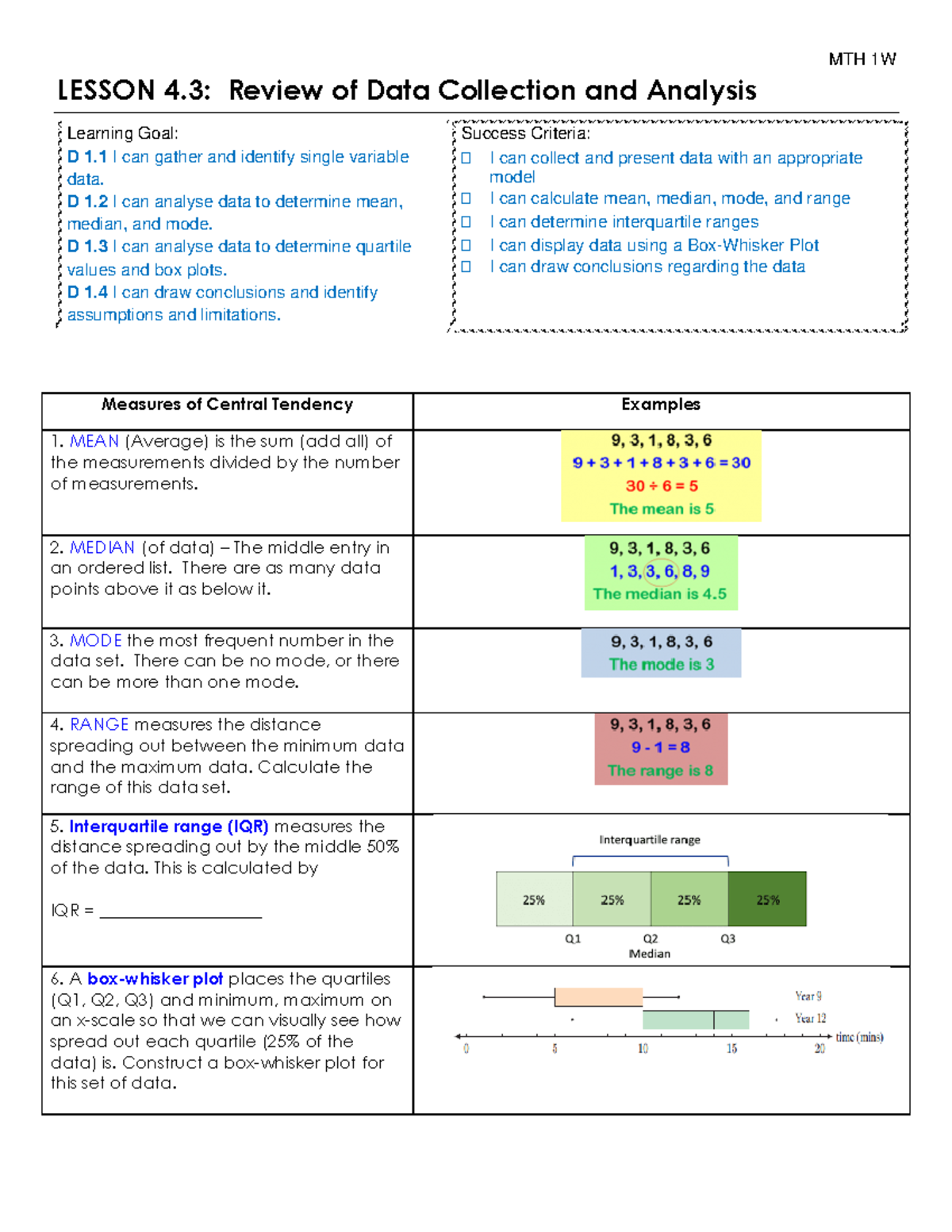 Review of Data Collection and Analysis - MTH 1W LESSON 4: Review of ...