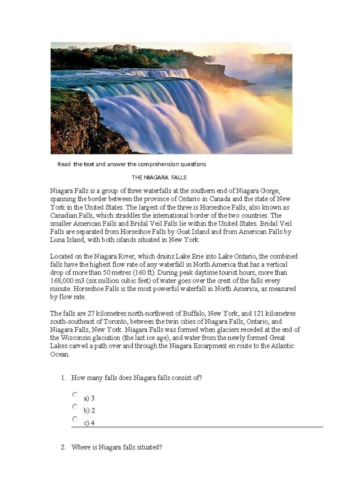 Niagaras Falls - Read the text and answer the comprehension questions ...