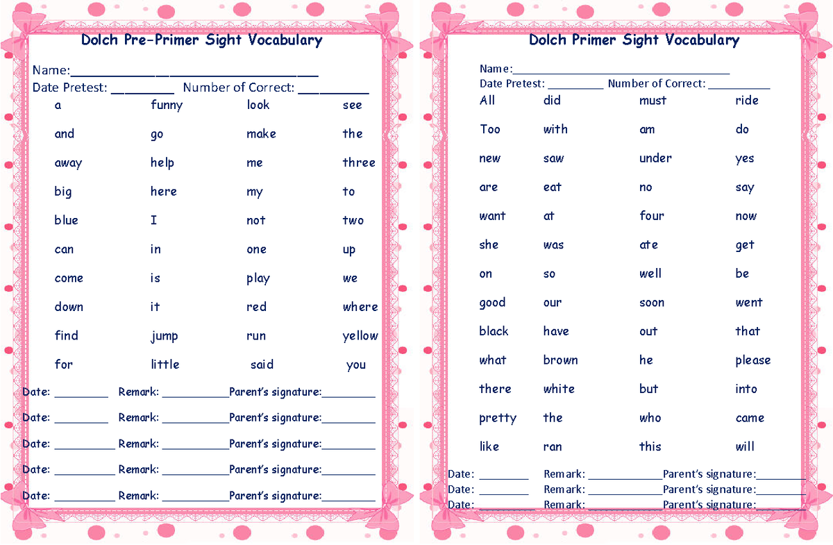 Dolch - reading materials - Dolch Pre-Primer Sight Vocabulary - Studocu