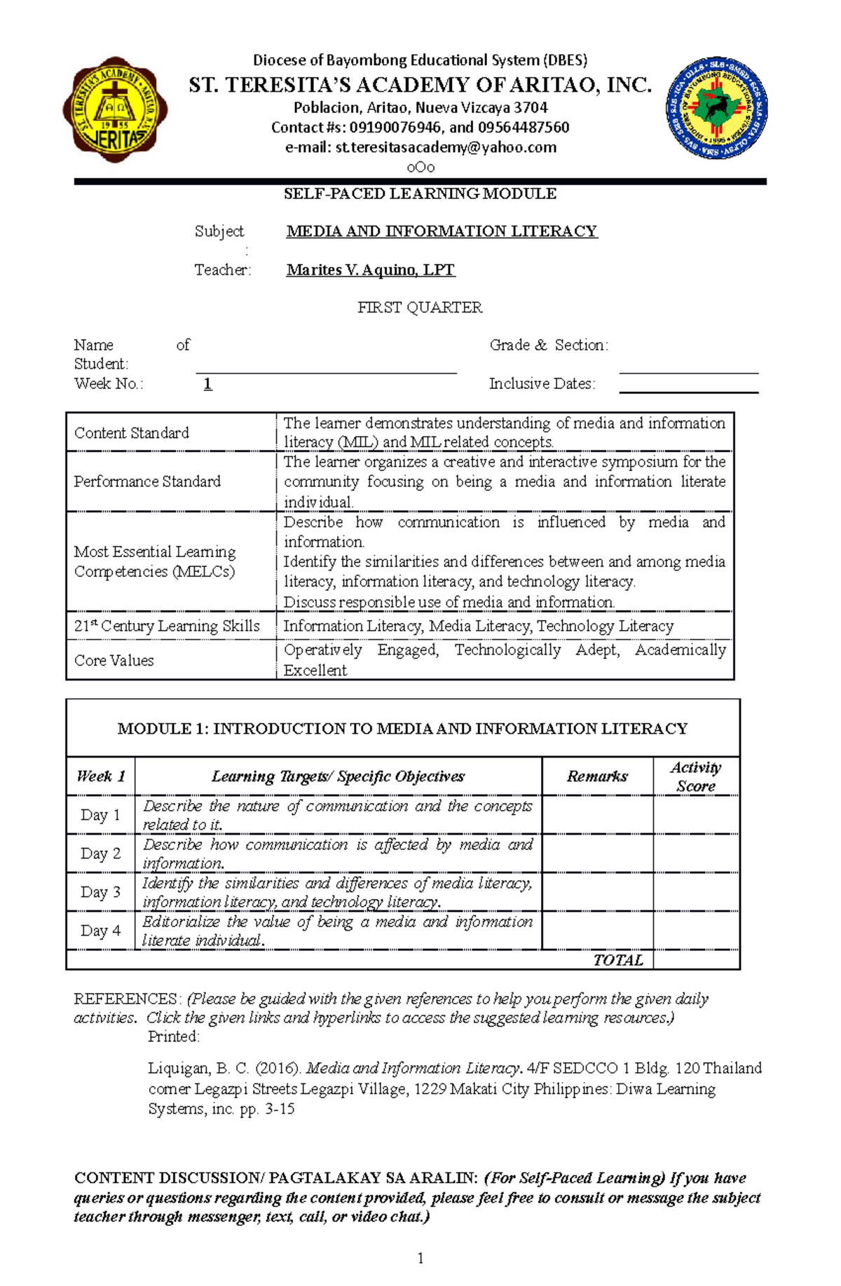 MIL first quarter - A MODULE FOR SUPPLEMENTARY - Diocese of Bayombong ...