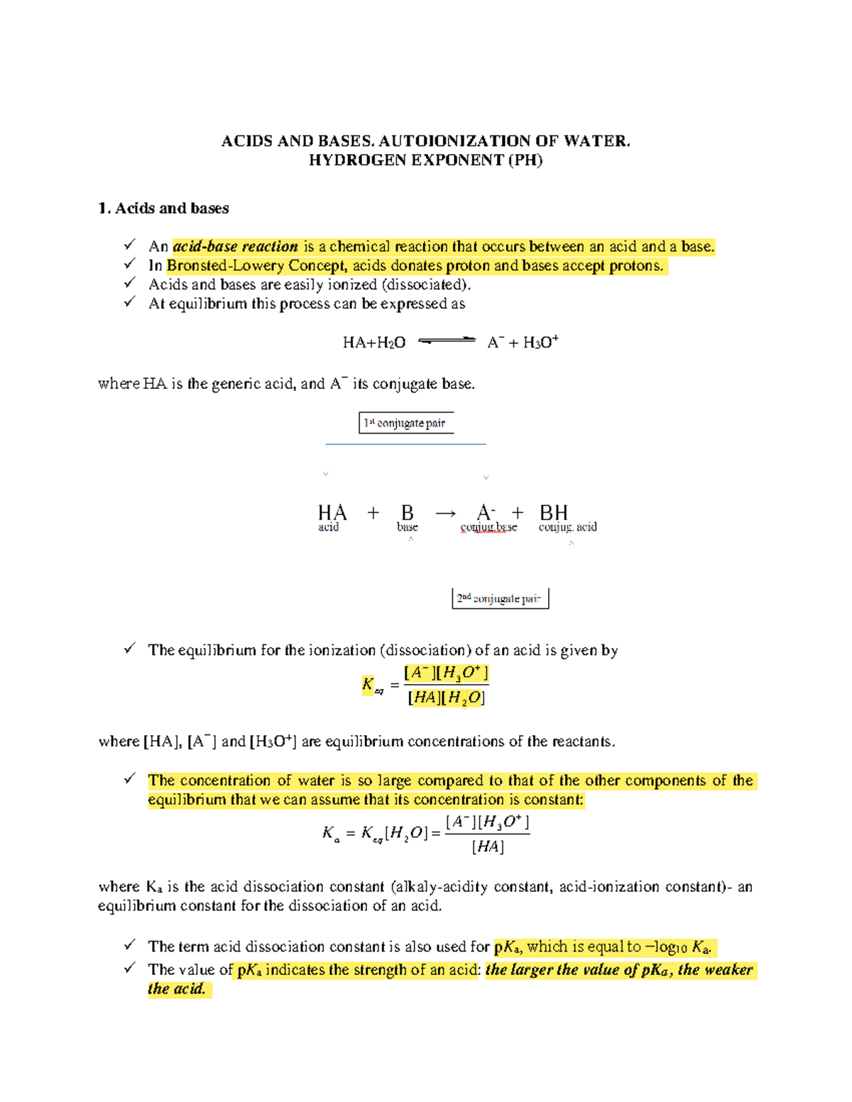 Acid-Base (short) - chemistry notes - ACIDS AND BASES. AUTOIONIZATION ...