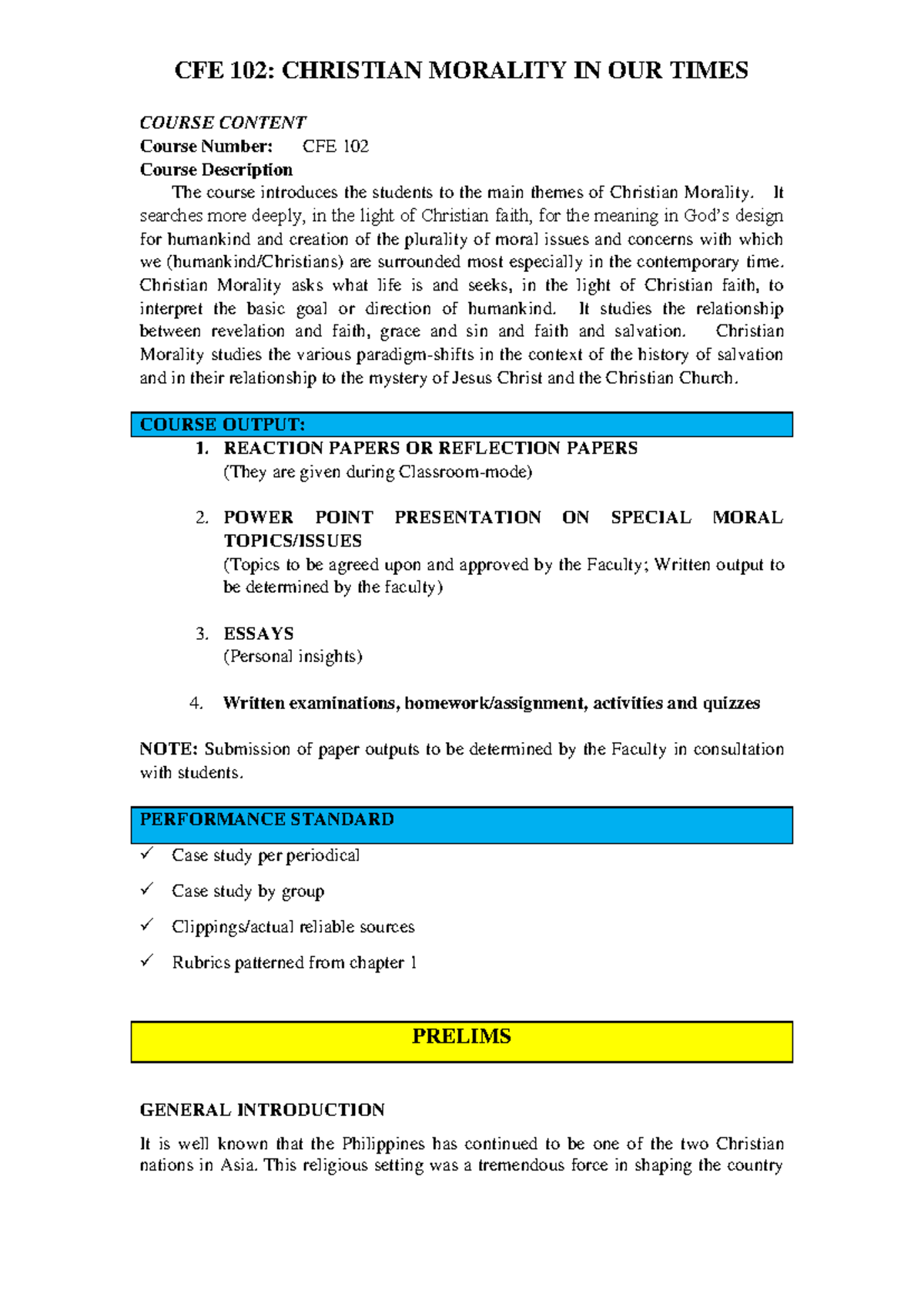 CFE 2 - Prelims Notes - COURSE CONTENT Course Number: CFE 102 Course ...