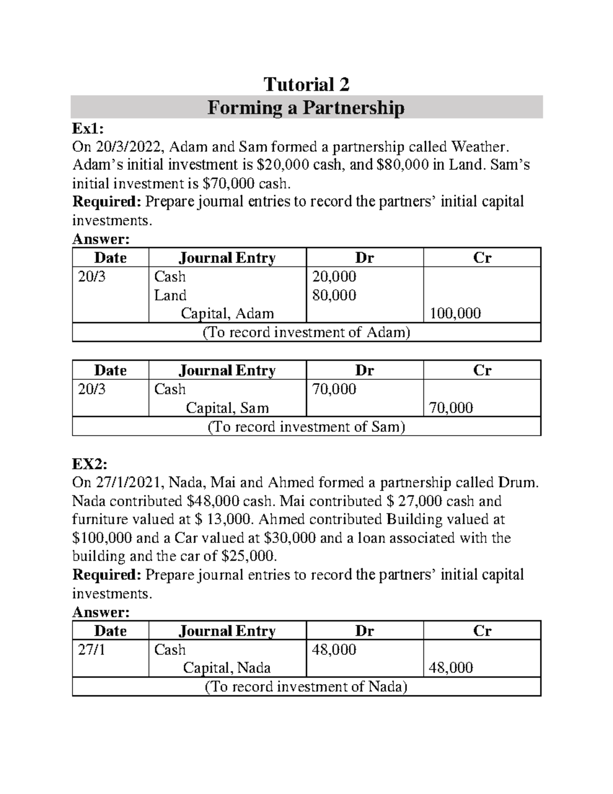 Tutorial 2 - hhjj - Tutorial 2 Forming a Partnership Ex1: On 20/3/2022 ...