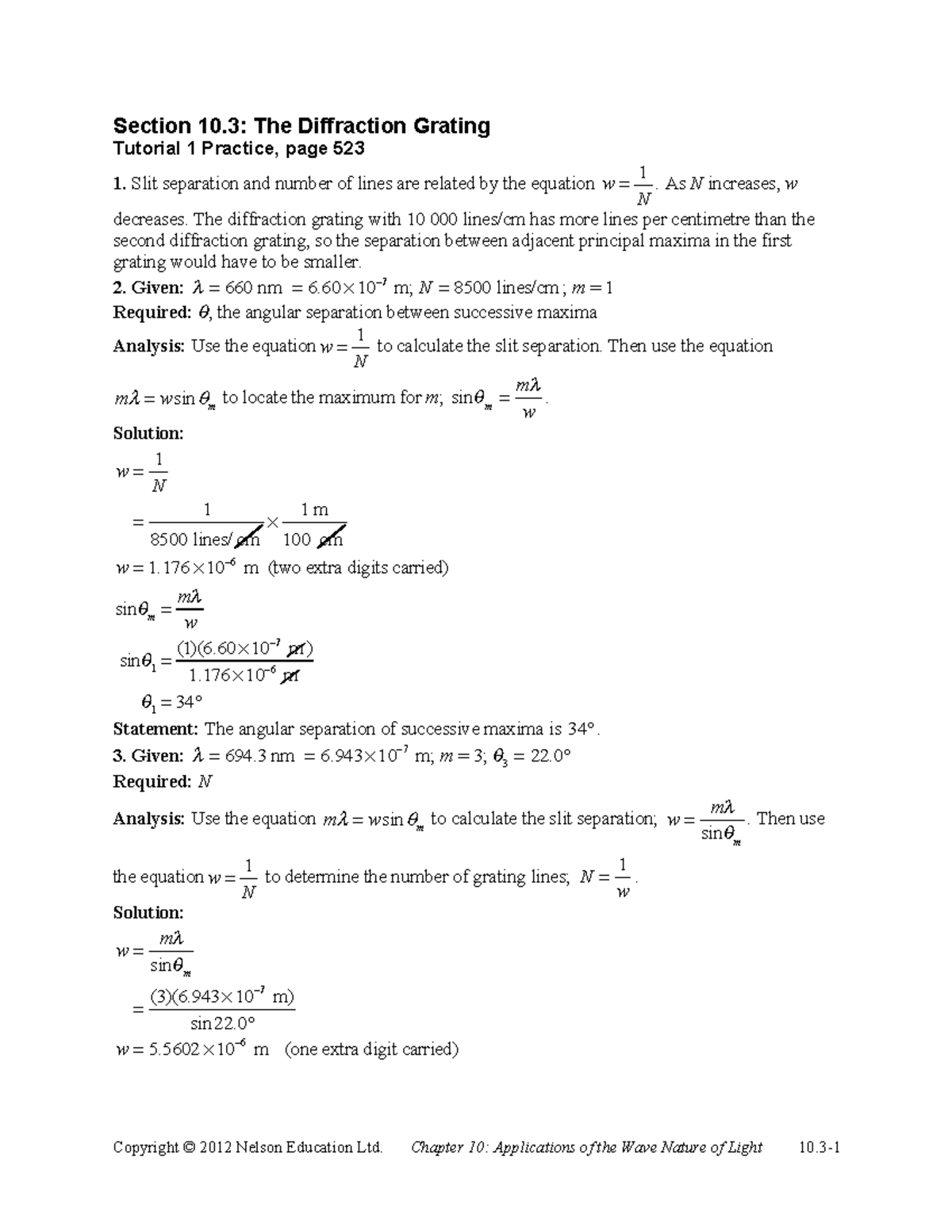 Phys12 sm 10 3 - Section 10.3: The Diffraction Grating Tutorial 1 Practice, page 523 - Section ...